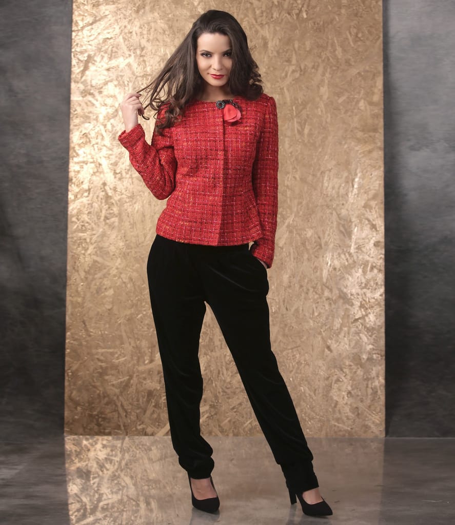 Sacou elegant din bucle multicolor si pantaloni din catifea - YOKKO