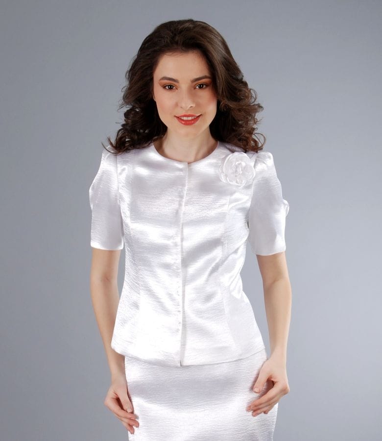 Sacou din saten elastic alb cu floare alb - YOKKO