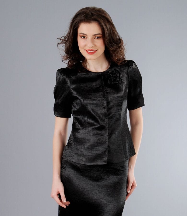 Sacou din saten elastic negru cu floare negru - YOKKO