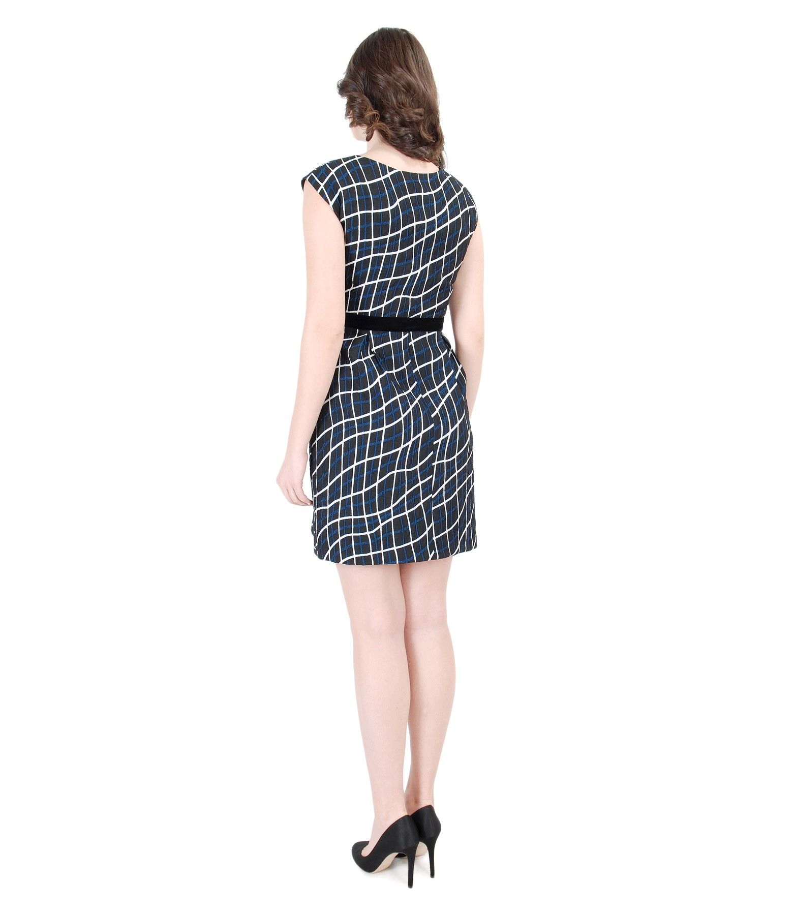 Rochie clos din brocart elastic cu garnitura alb-negru-bleumarin - YOKKO