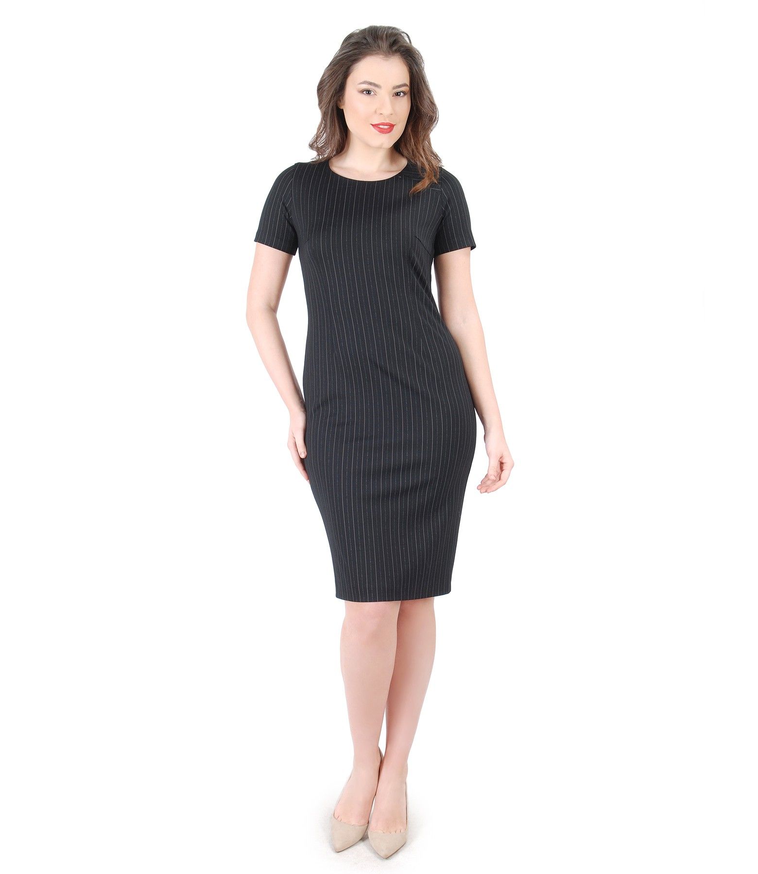 Rochie midi din jerse elastic gros cu dungi si cristale negru - YOKKO