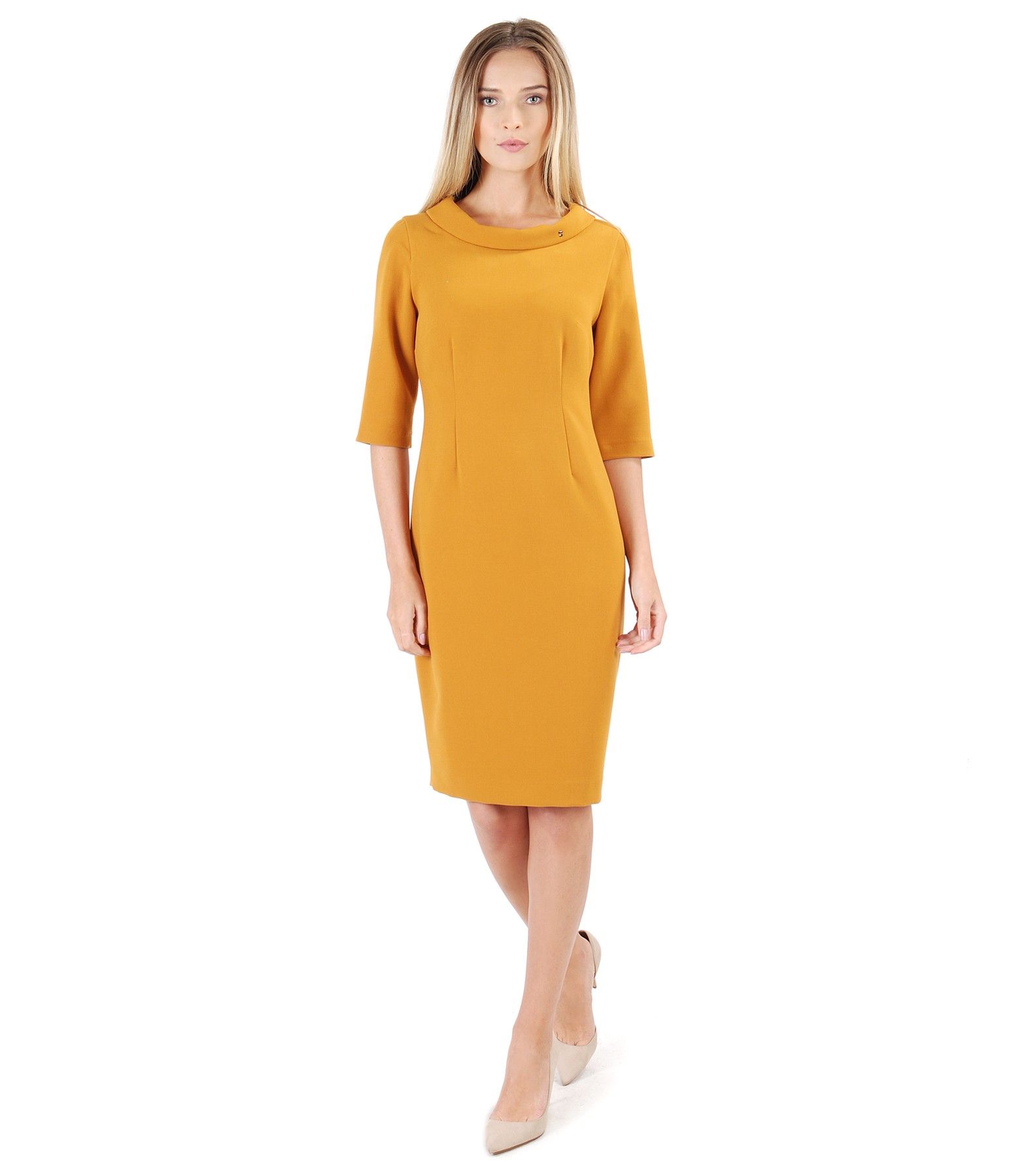Rochie din stofa elastica cu aplicatie de cristale galben mustar - YOKKO