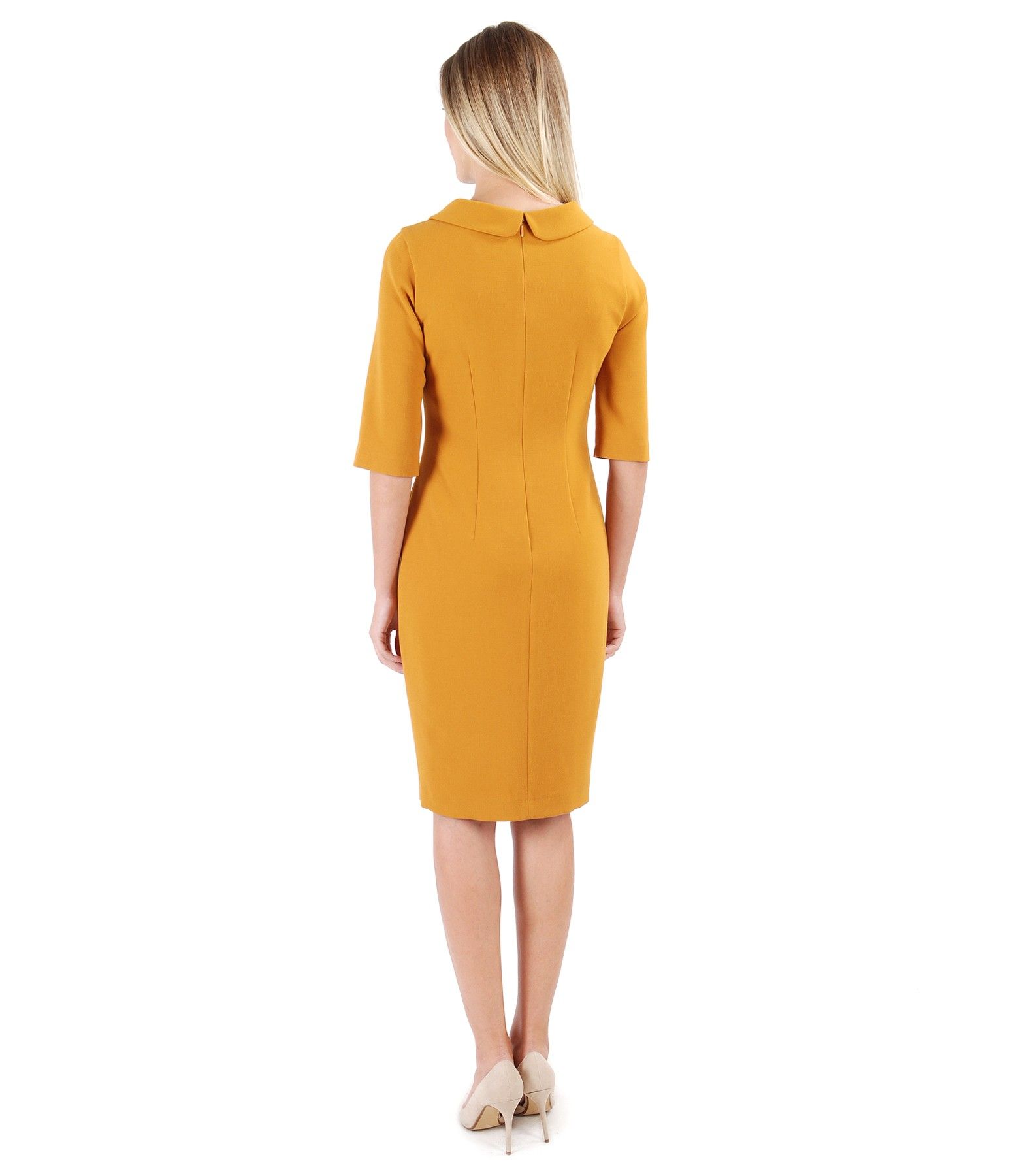 Rochie din stofa elastica cu aplicatie de cristale galben mustar - YOKKO
