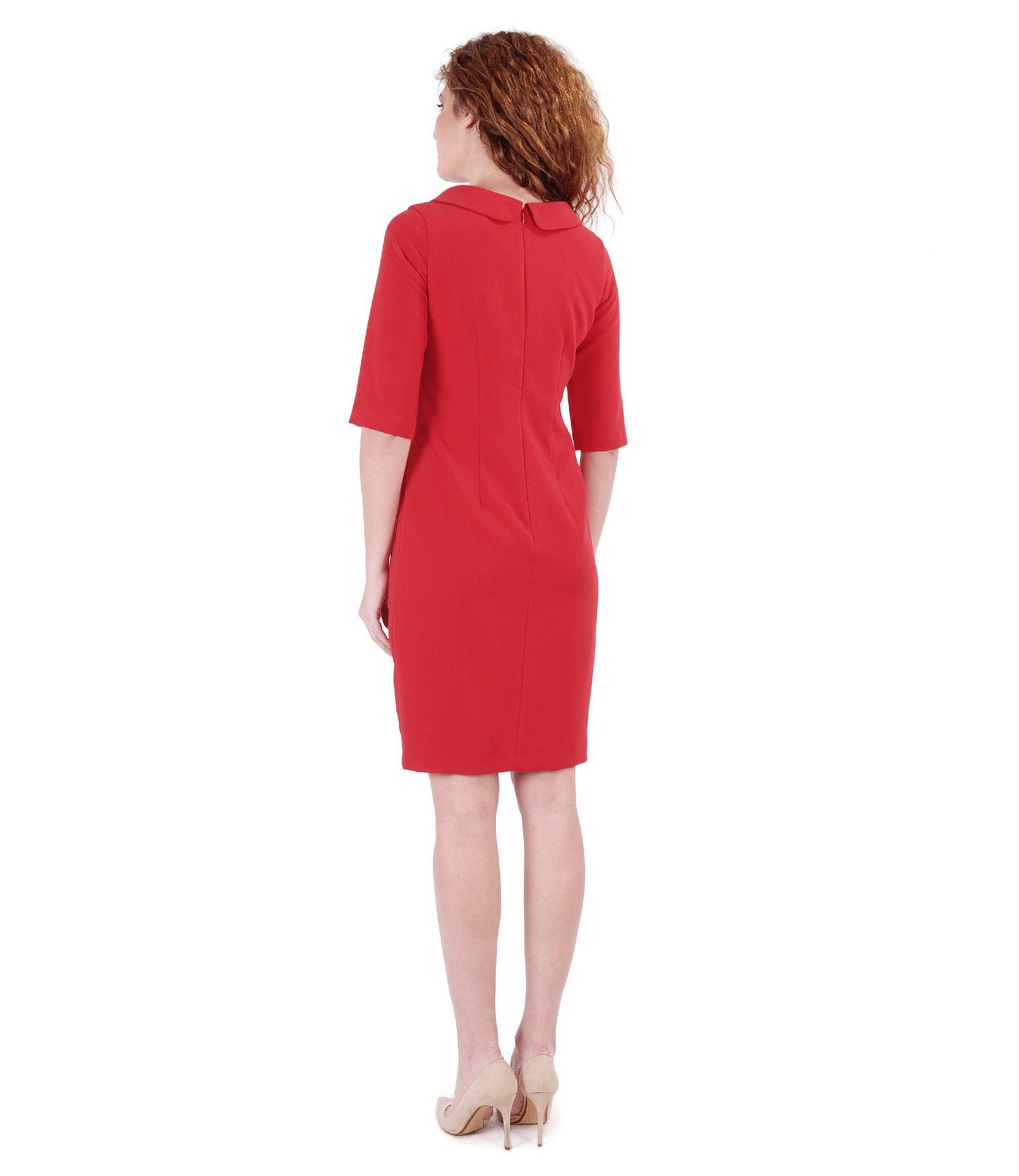 Rochie din stofa elastica cu aplicatie de cristale rosu - YOKKO