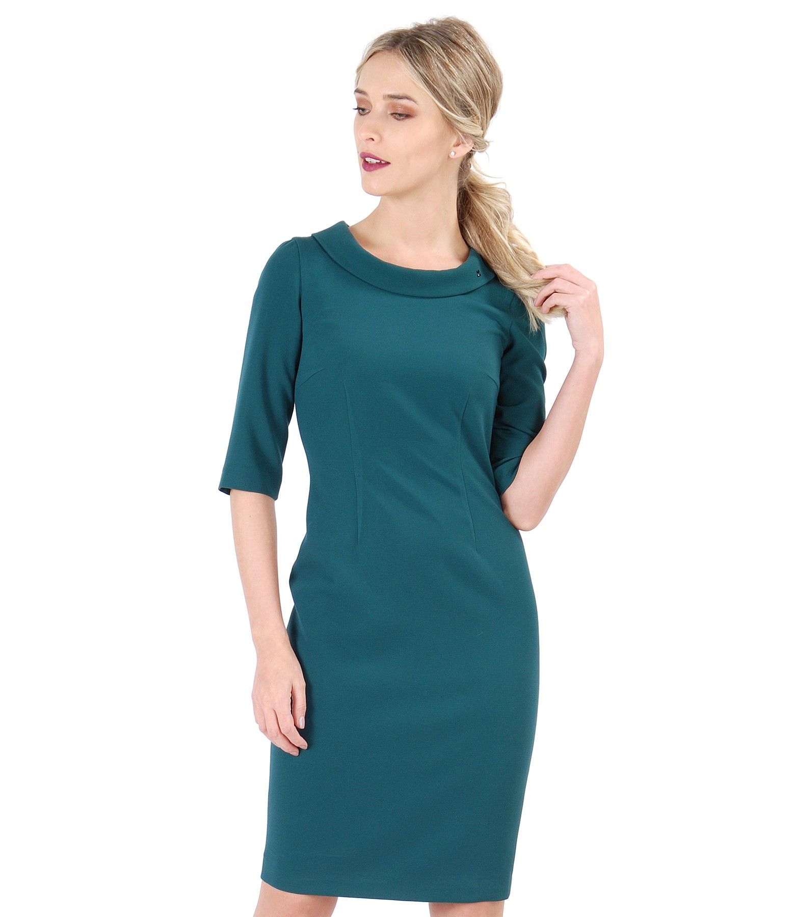 Rochie din stofa elastica cu aplicatie de cristale verde pin - YOKKO