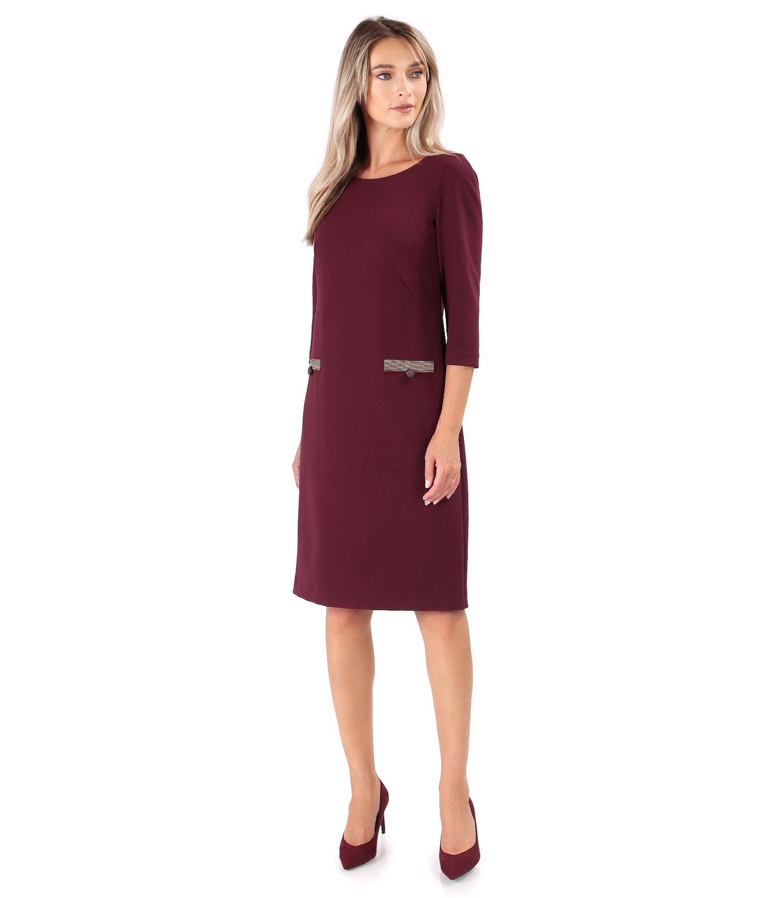 Rochie office evazata din stofa elastica rosu grena - YOKKO