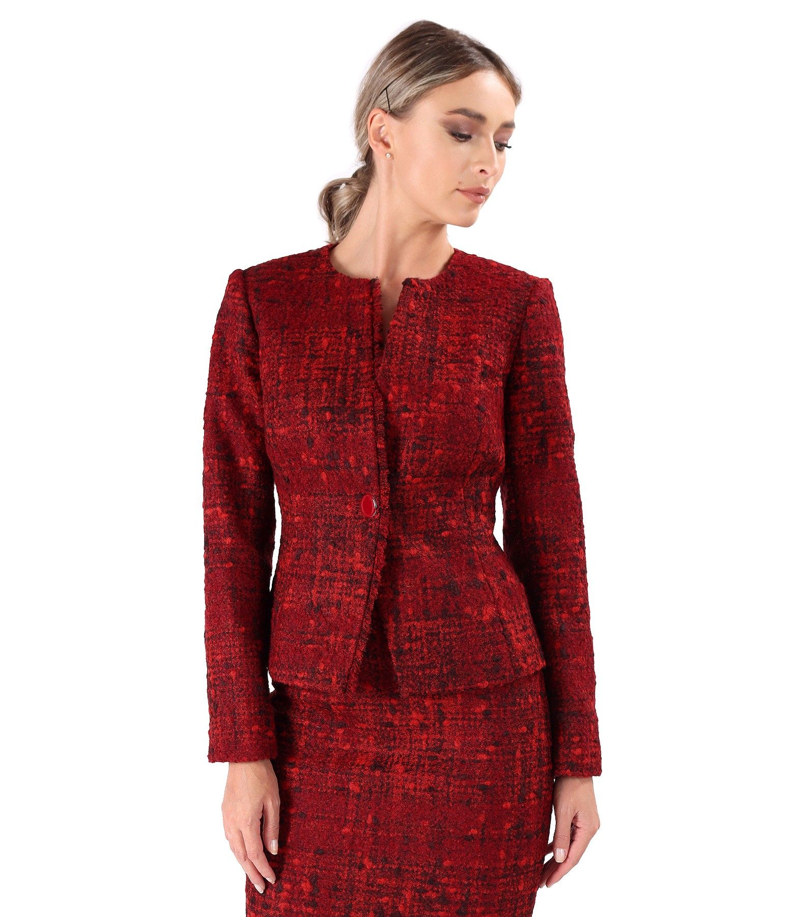 Sacou elegant din bucle multicolor cu lana rosu grena - YOKKO