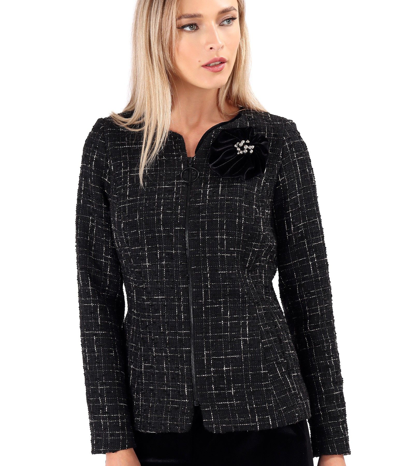 Sacou elegant din bucle cu bumbac si fir metalic negru - YOKKO
