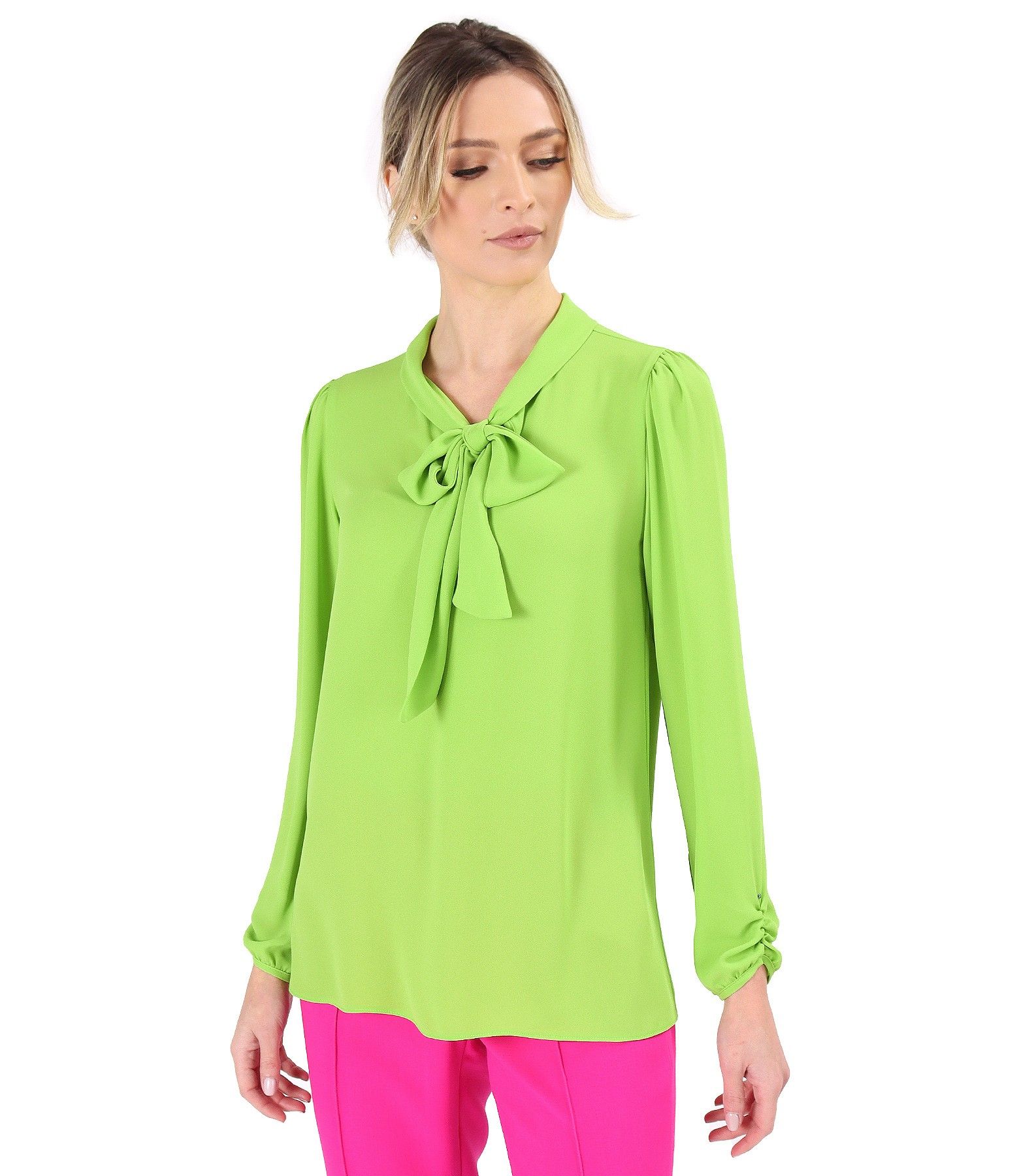 Bluza cu maneci lungi si guler tip esarfa verde neon - YOKKO