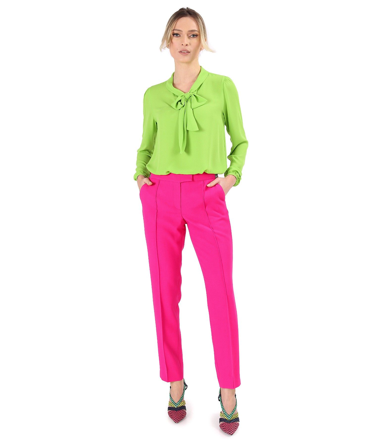 Bluza cu maneci lungi si guler tip esarfa verde neon - YOKKO