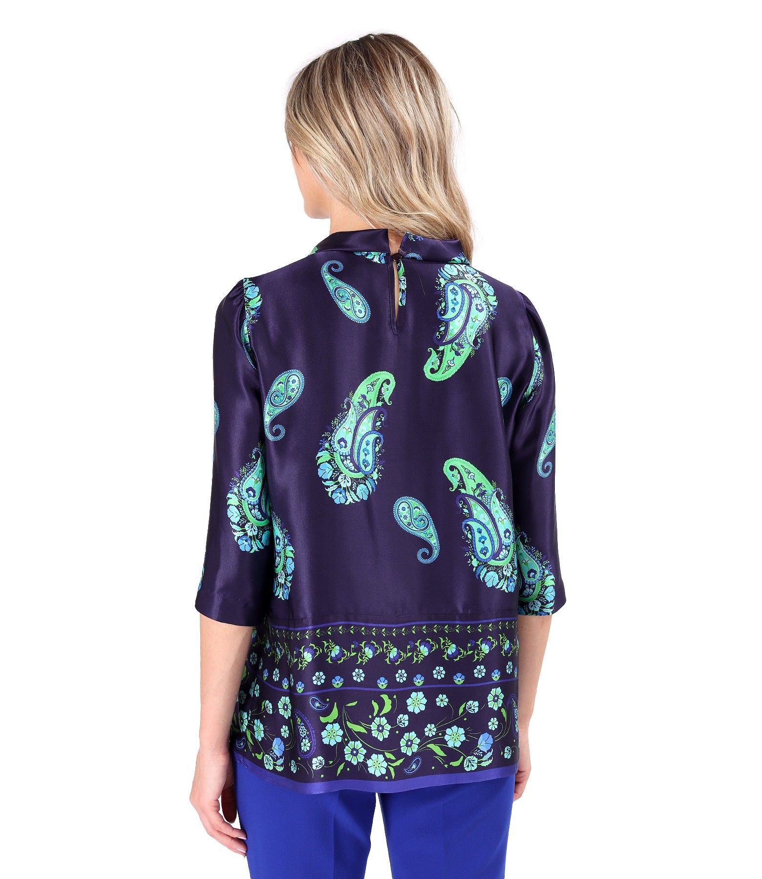 Bluza eleganta din matasea naturala imprimata digital bleumarin - YOKKO