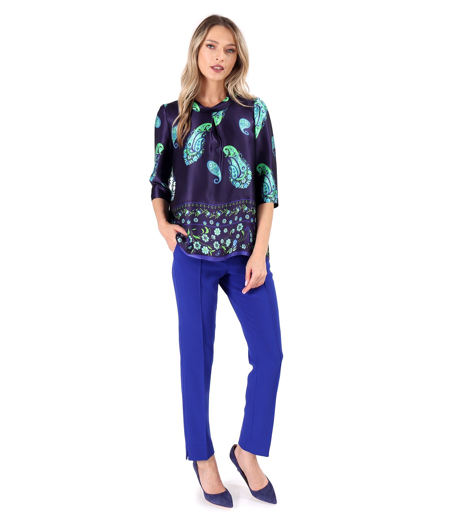 Bluza eleganta din matasea naturala imprimata digital bleumarin - YOKKO