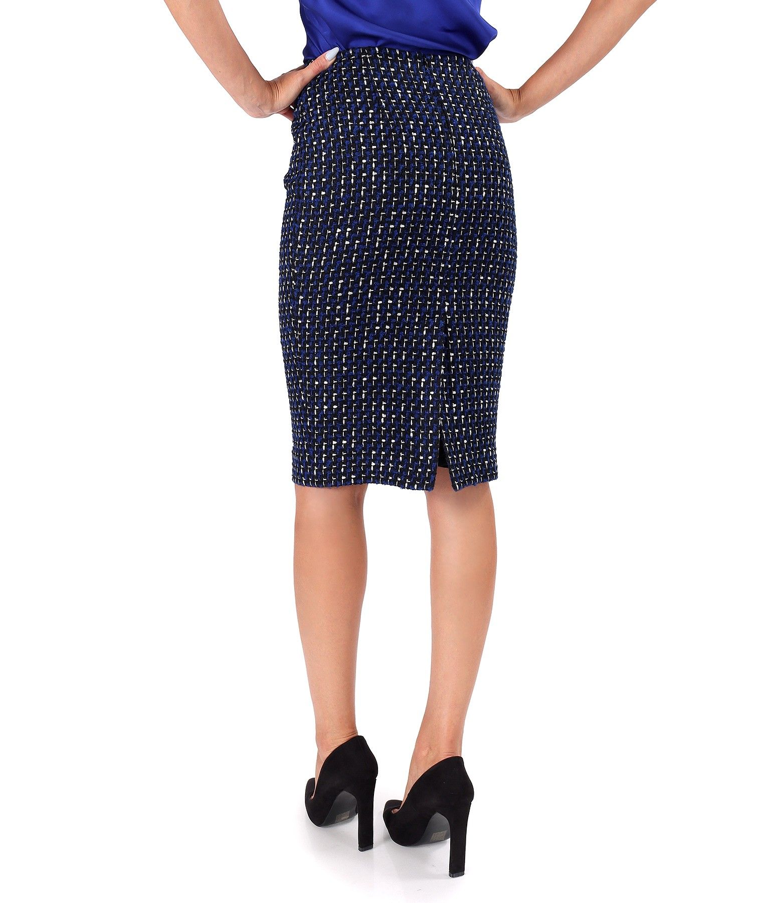 Fusta office din bucle multicolor cu lana si viscoza albastru royal - YOKKO