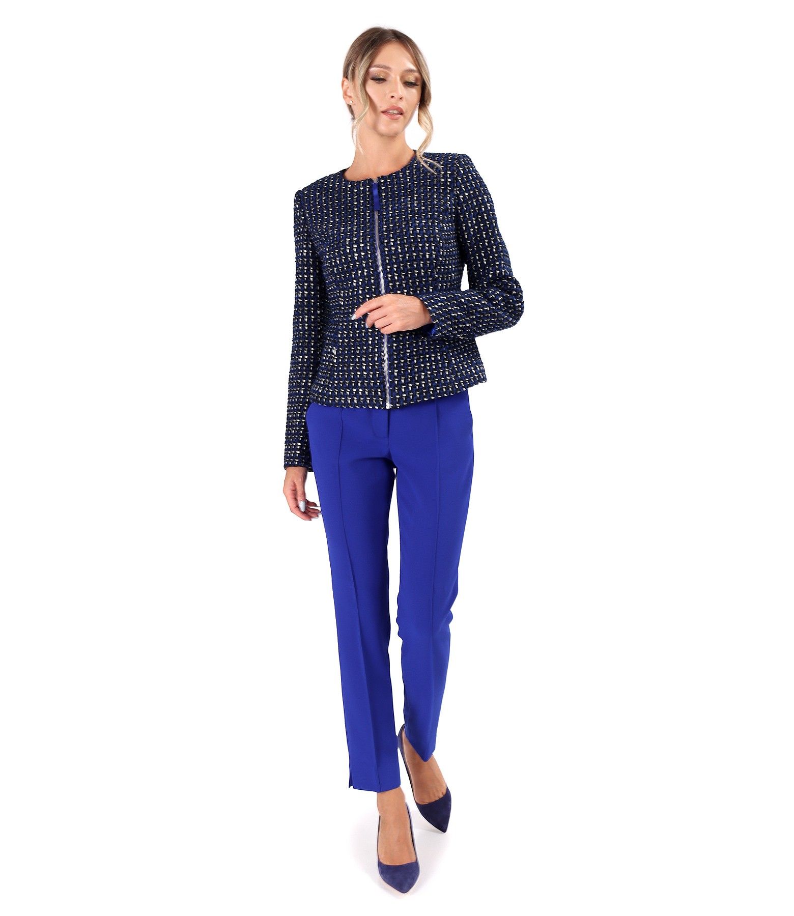 Sacou office din bucle multicolor cu lana si viscoza albastru royal - YOKKO