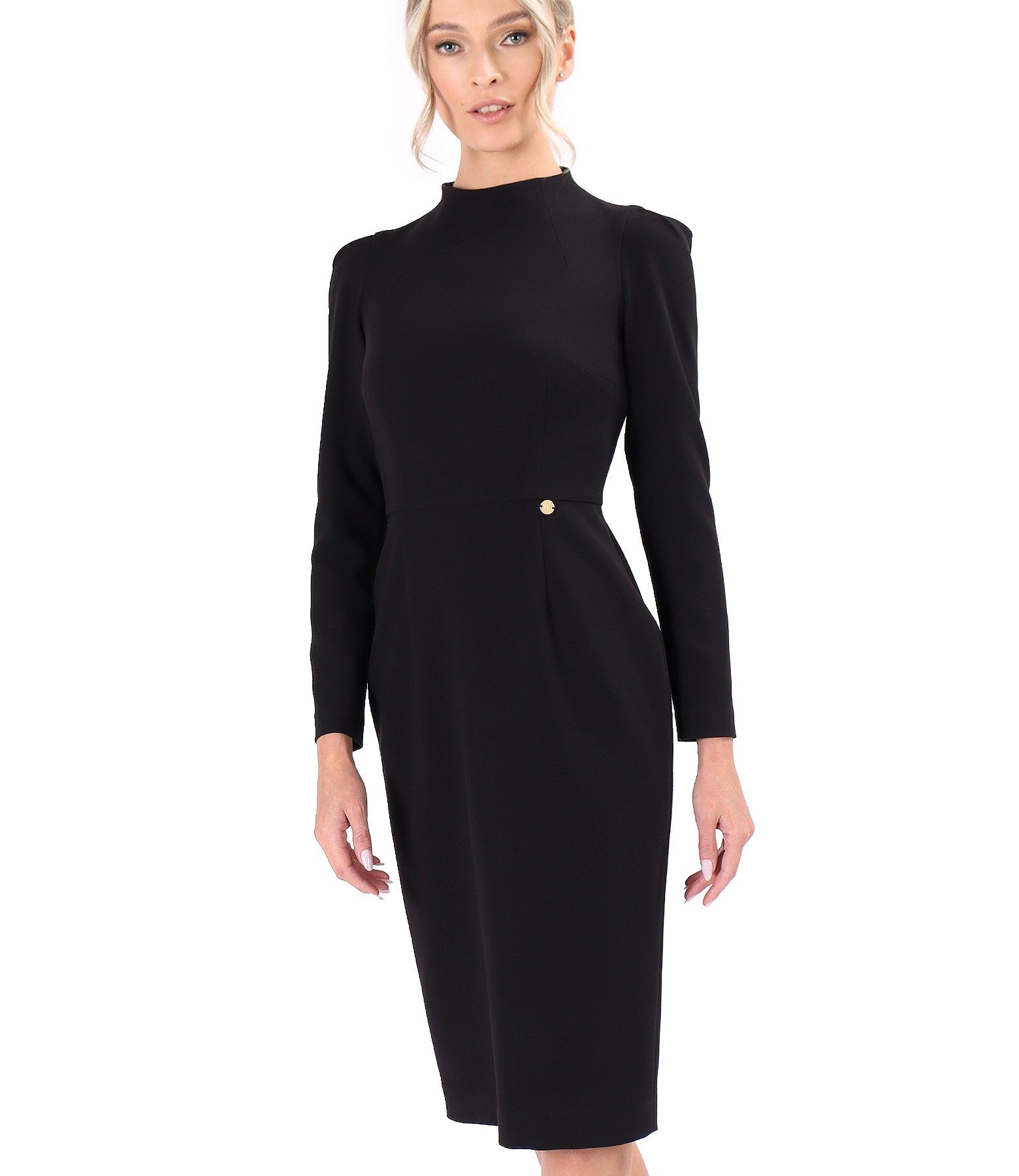 Rochie office din stofa elastica cu maneci lungi negru - YOKKO