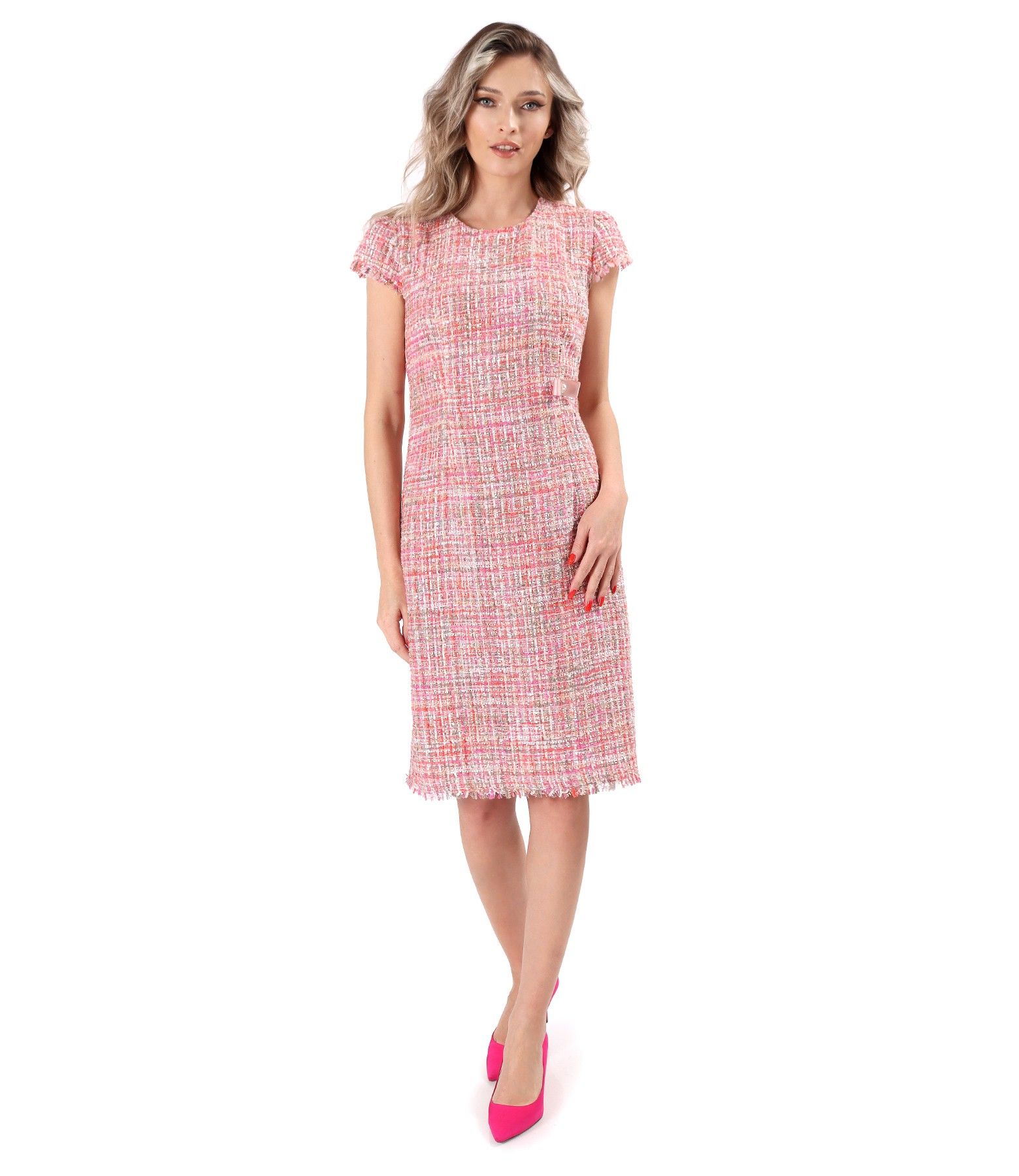 Rochie office din bucle multicolor cu fir metalic roz - YOKKO