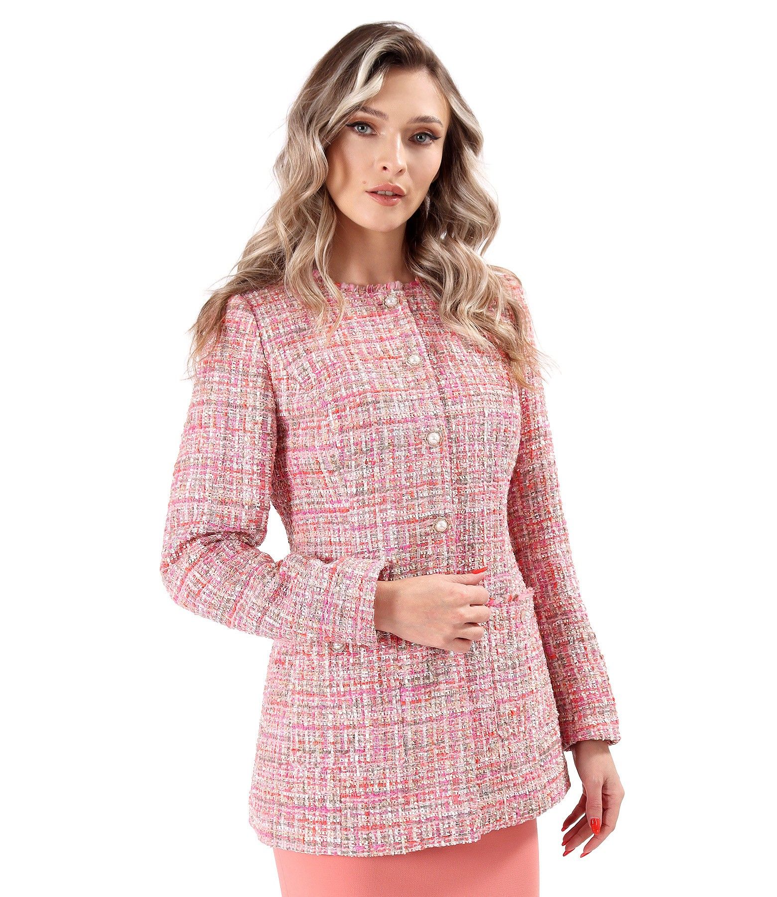 Sacou lung din bucle multicolor cu fir metalic roz - YOKKO