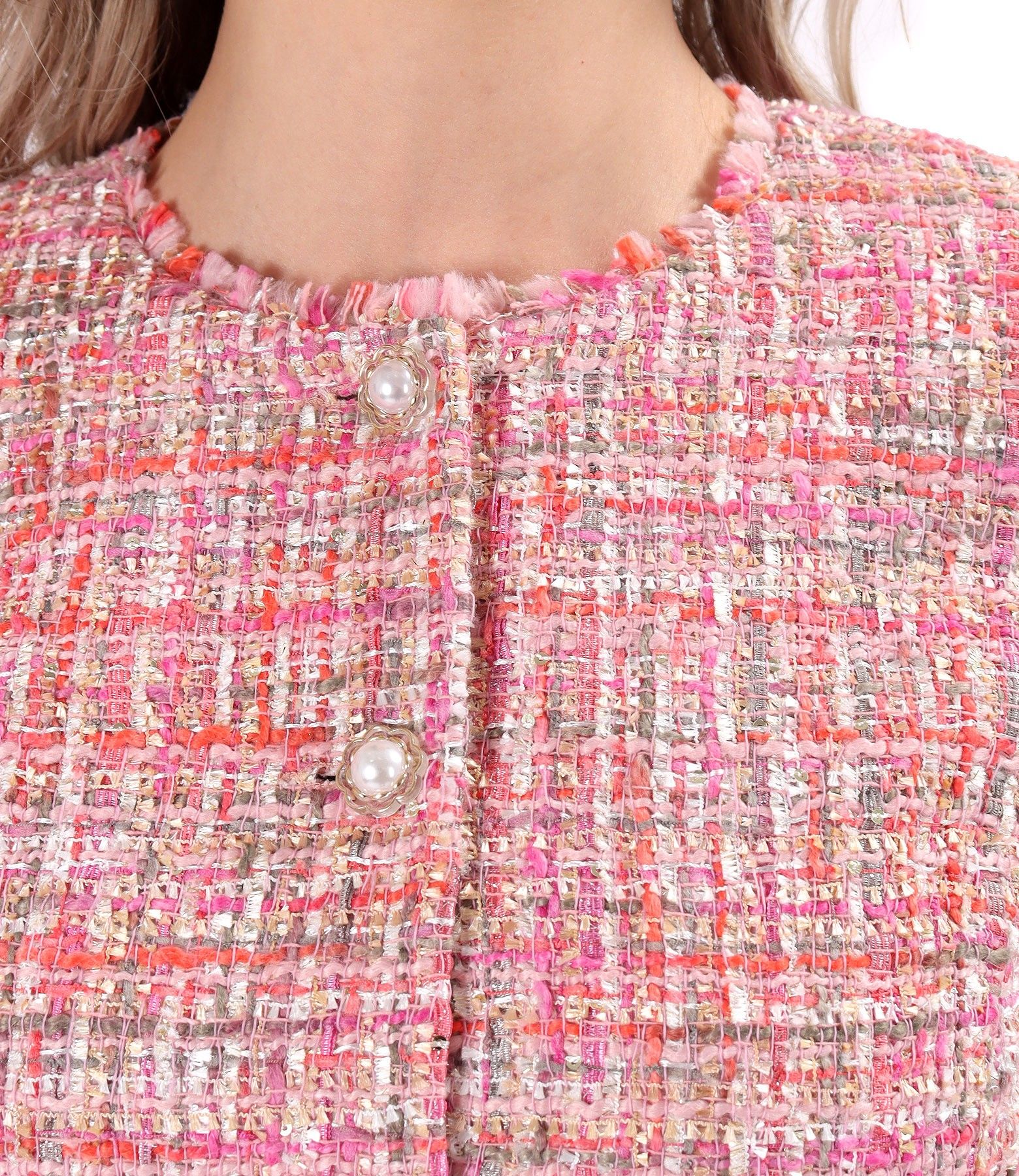 Sacou lung din bucle multicolor cu fir metalic roz - YOKKO