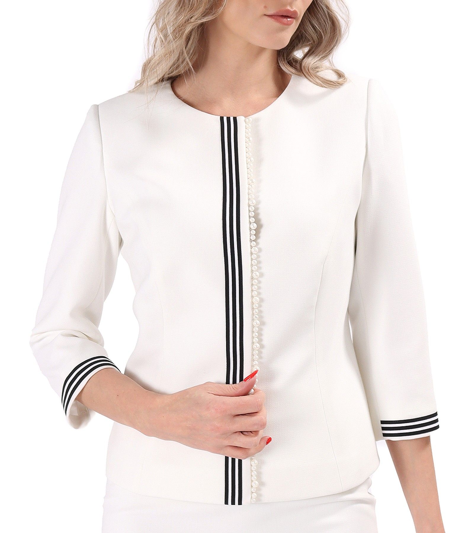 Sacou elegant cu perle decorative pe fata alb-ecru - YOKKO