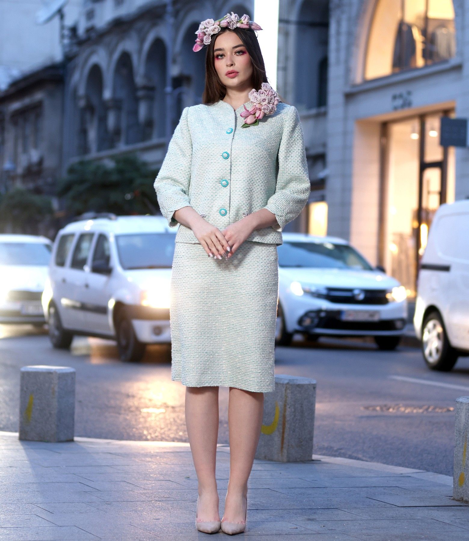 Sacou elegant din bucle de bumbac cu fir metalic turcoaz - YOKKO