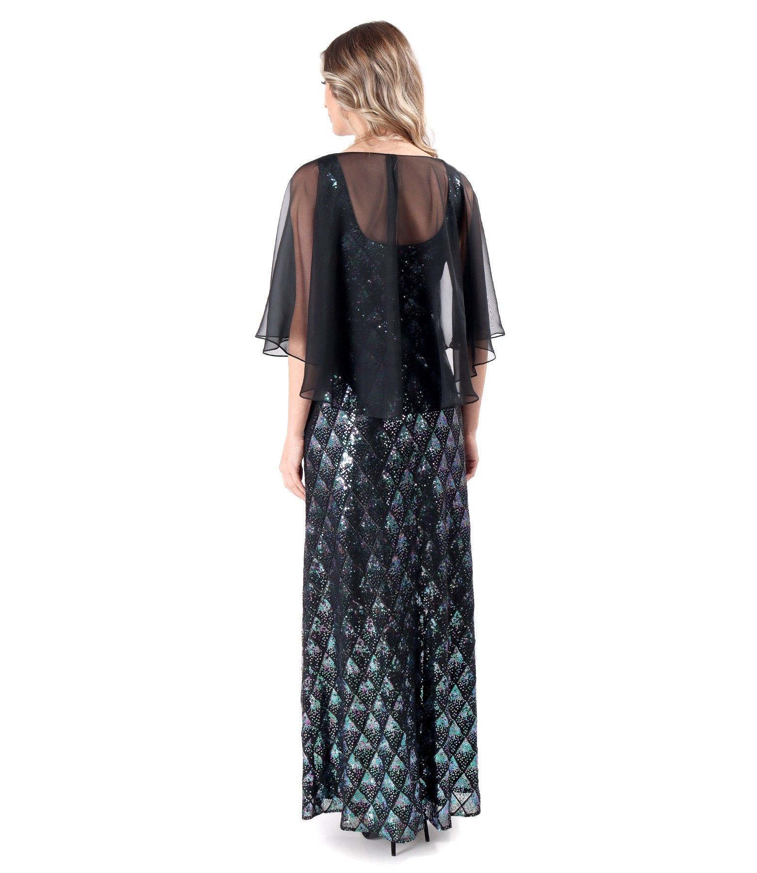 Rochie lunga de seara din paiete cu capa din voal negru - YOKKO