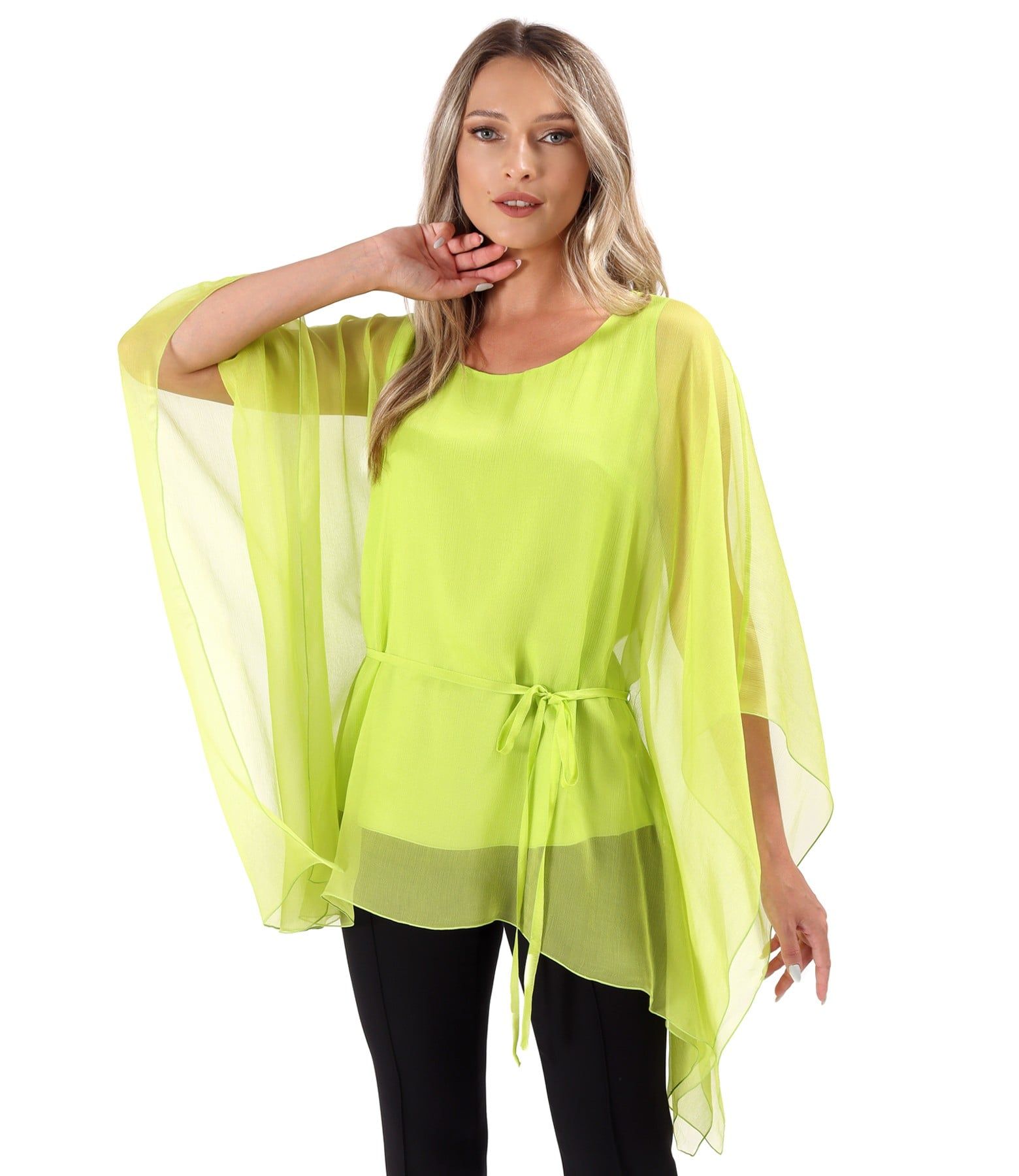 Bluza tip fluture din voal de matase naturala verde neon - YOKKO