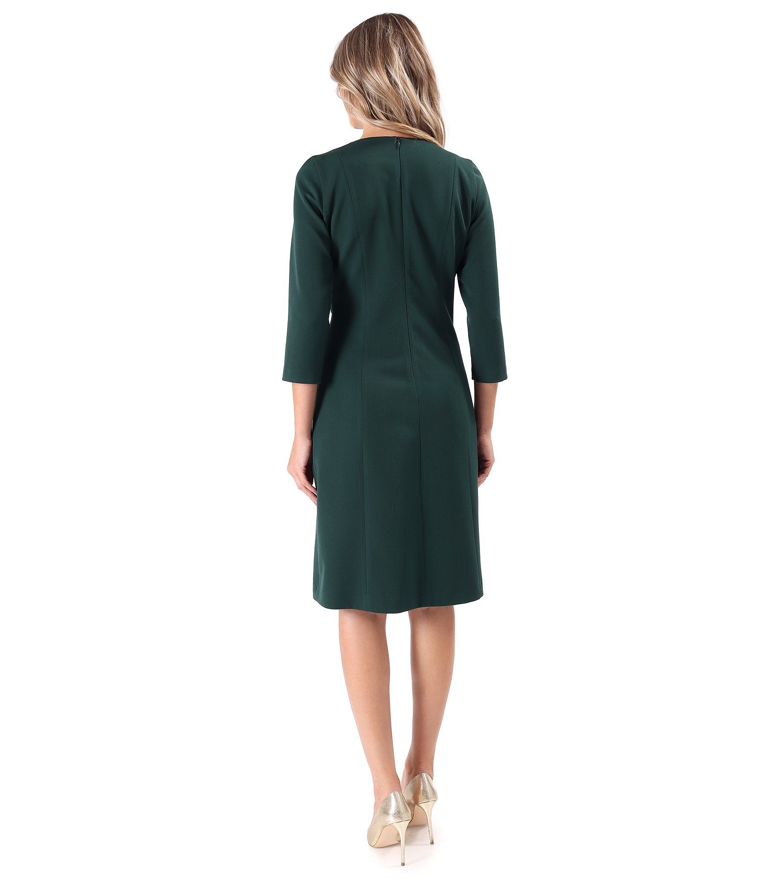 Rochie office evazata cu maneci 3/4 verde pin - YOKKO