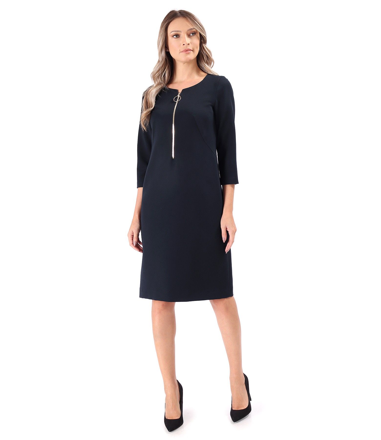 Rochie eleganta din stofa elastica cu fermoar auriu bleumarin - YOKKO