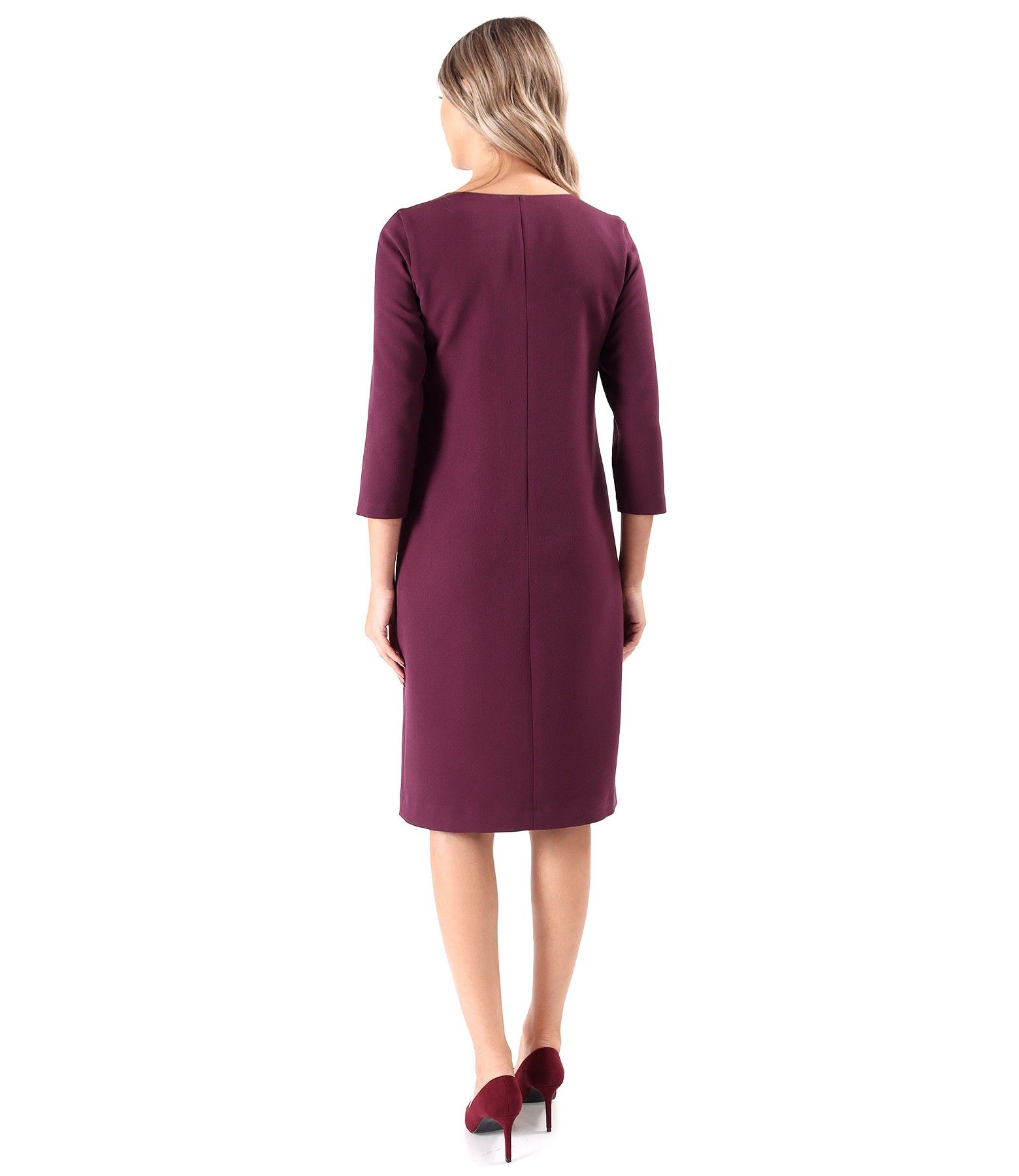 Rochie eleganta din stofa elastica cu fermoar auriu rosu grena - YOKKO