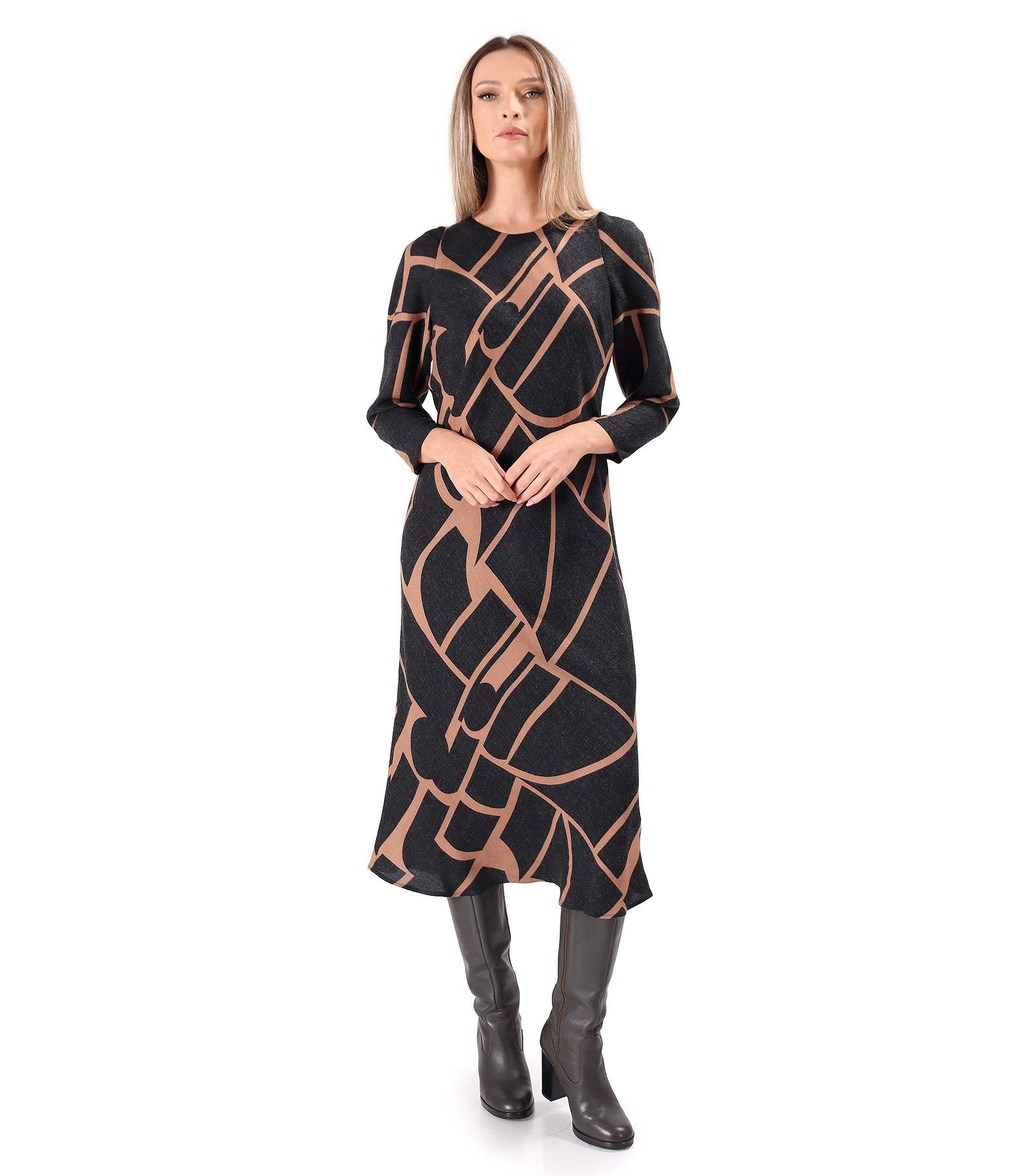 Rochie midi din stofa cu viscoza imprimata cu motive geometrice negru ...