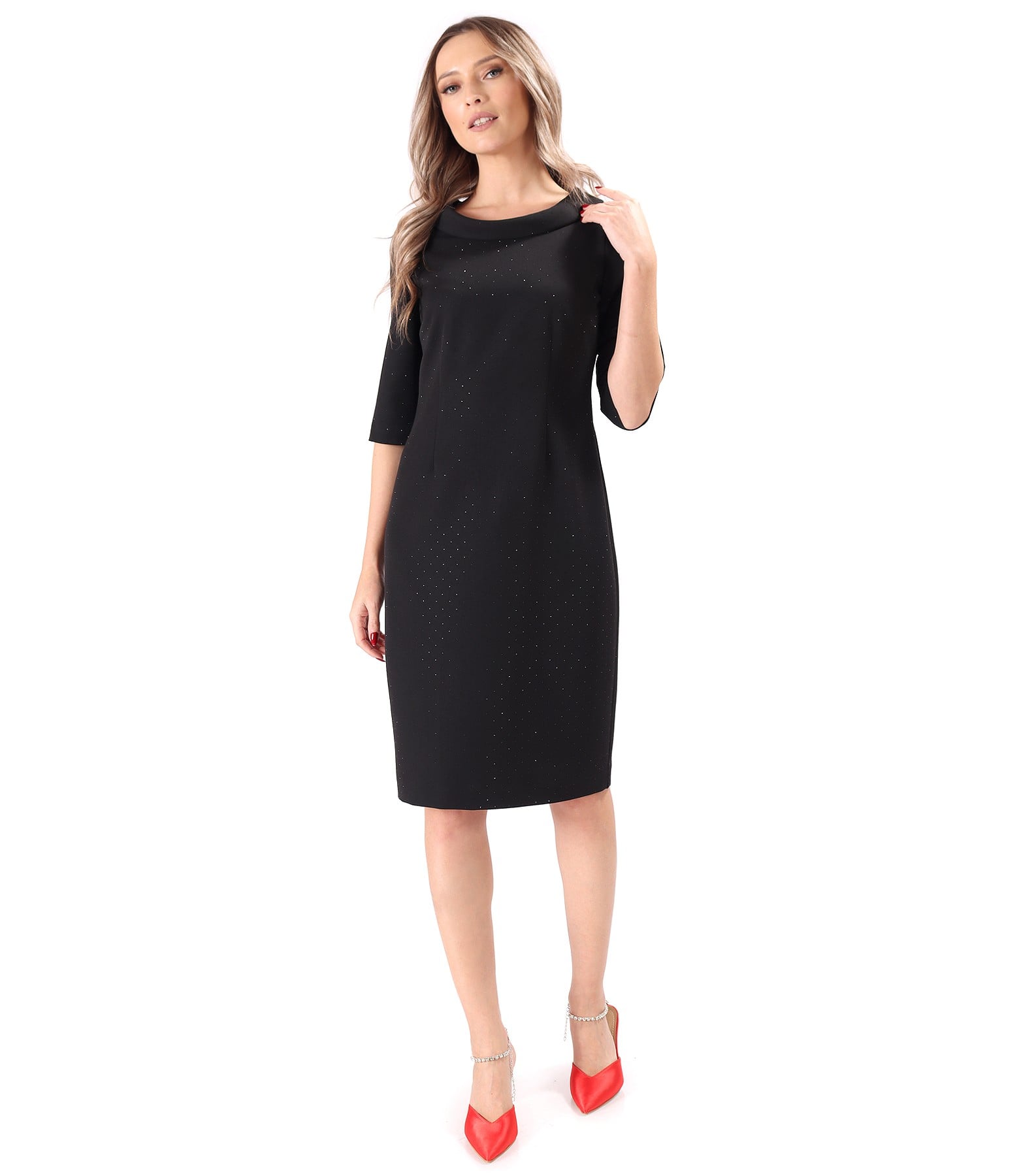Rochie eleganta din stofa cu aplicatii stralucitoare negru - YOKKO