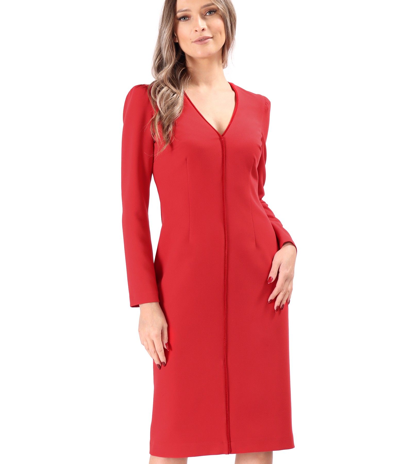 Rochie eleganta din stofa cu viscoza cu garnituri din catifea rosu - YOKKO