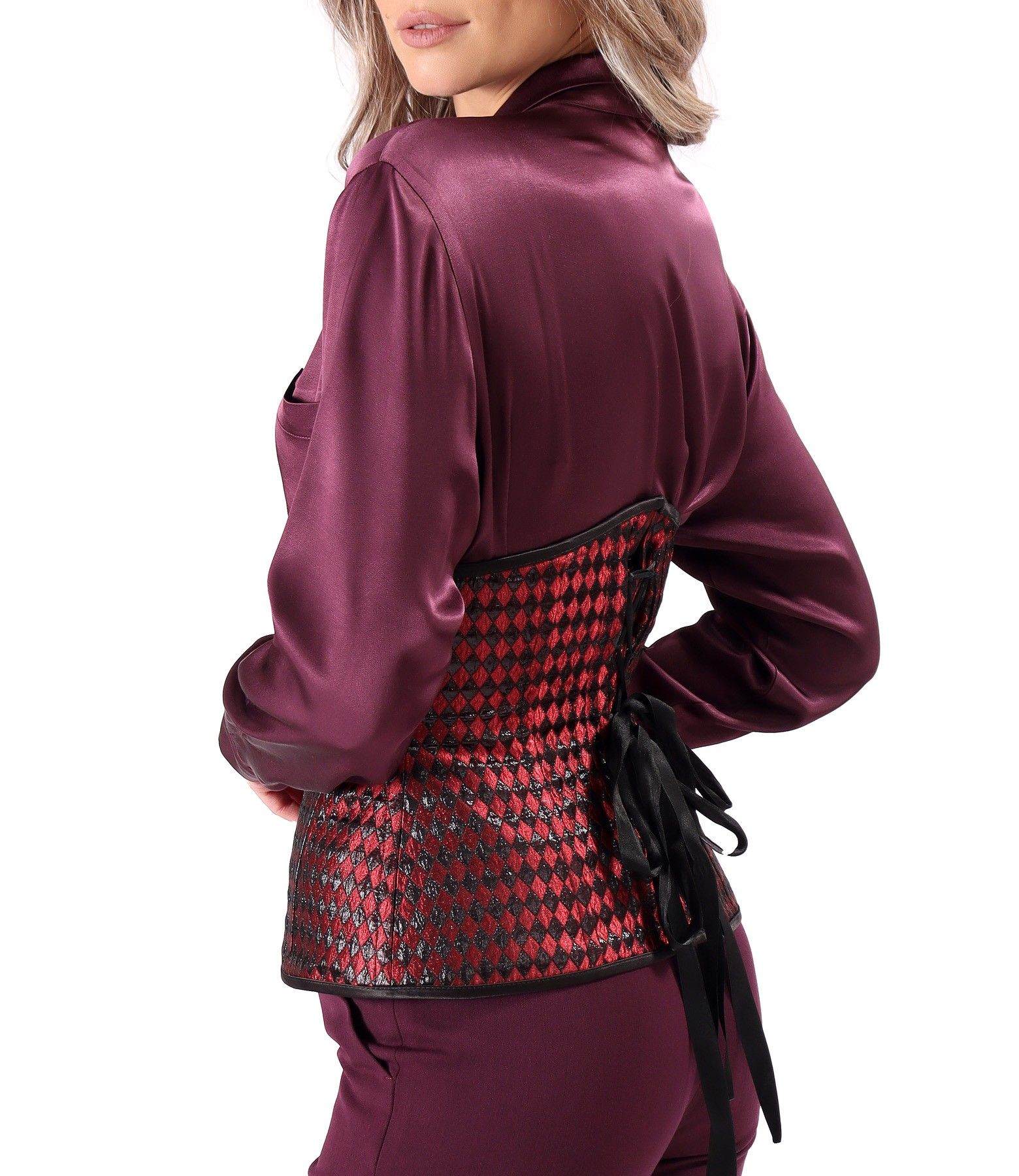 Corset centura elegant de seara cu nasturi si reglaj spate rosu grena ...