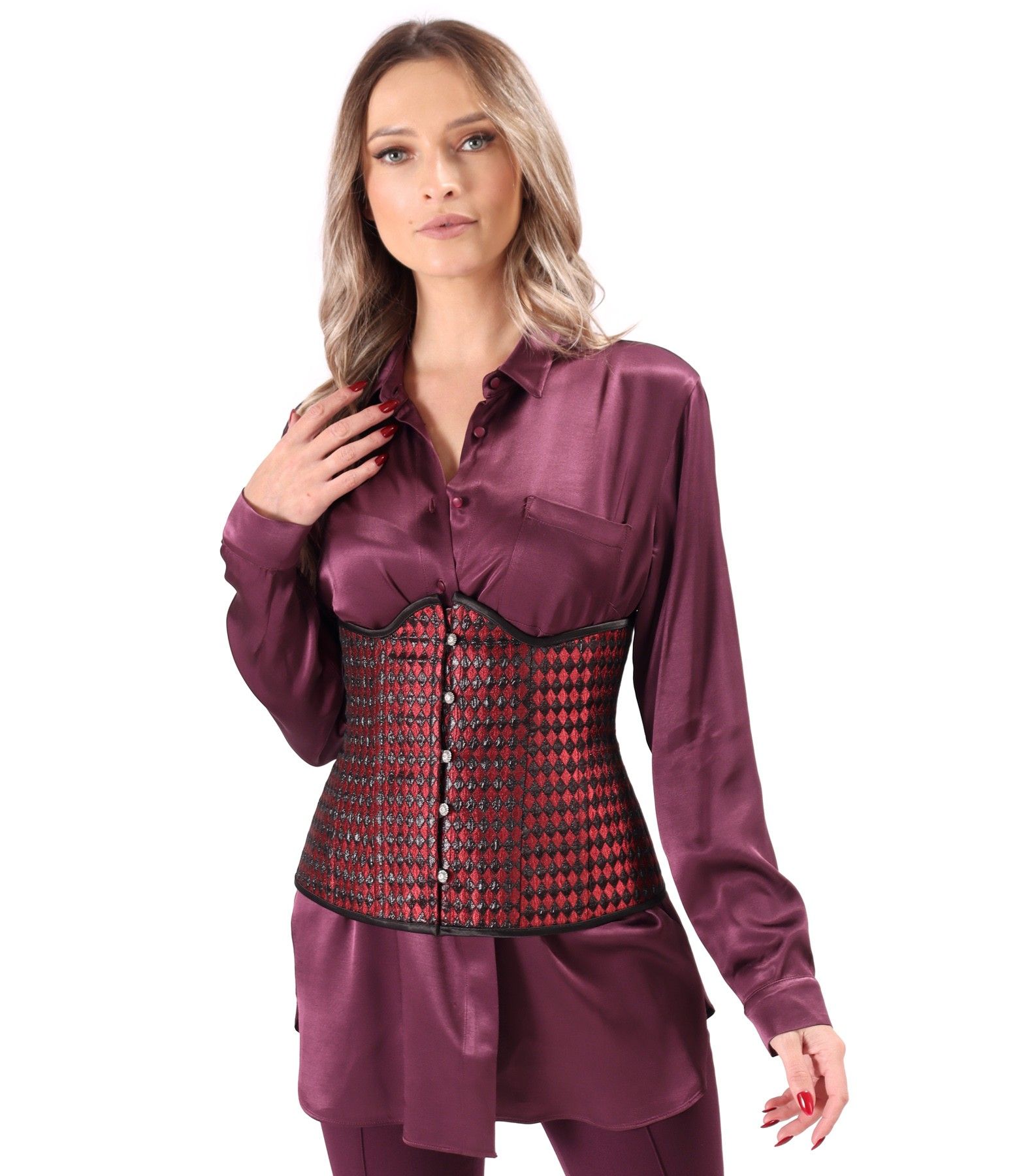 Corset centura elegant de seara cu nasturi si reglaj spate rosu grena ...