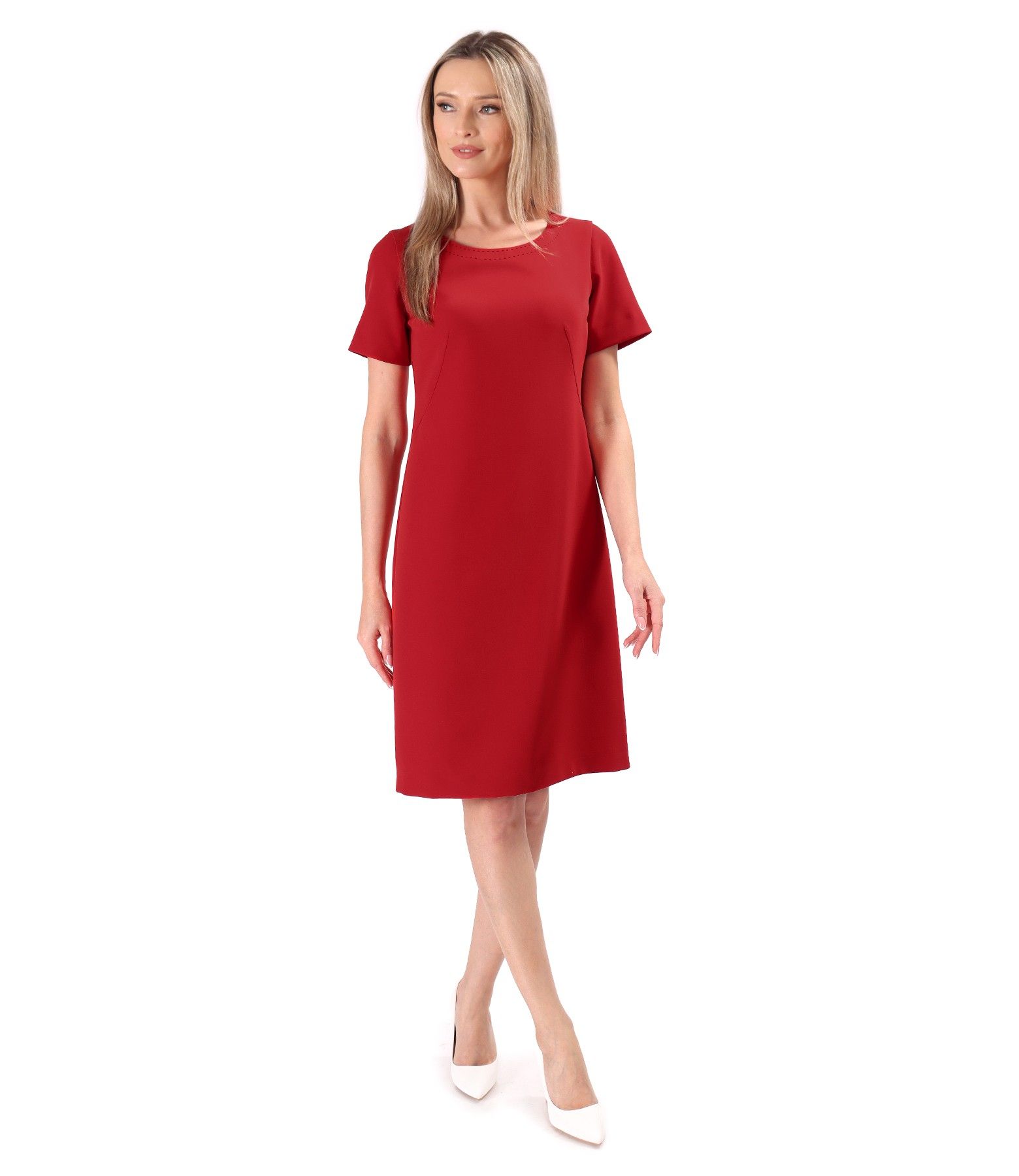 Rochie office cu cusatura decorativa la decolteu rosu - YOKKO