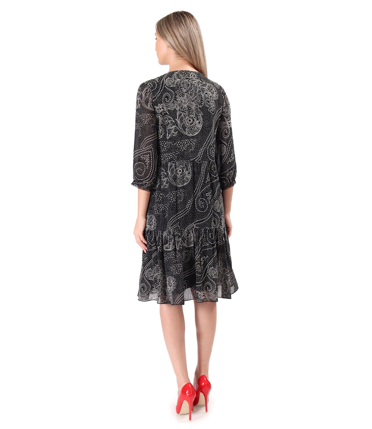 Rochie eleganta cu volane din viscoza imprimata cu motive florale negru ...