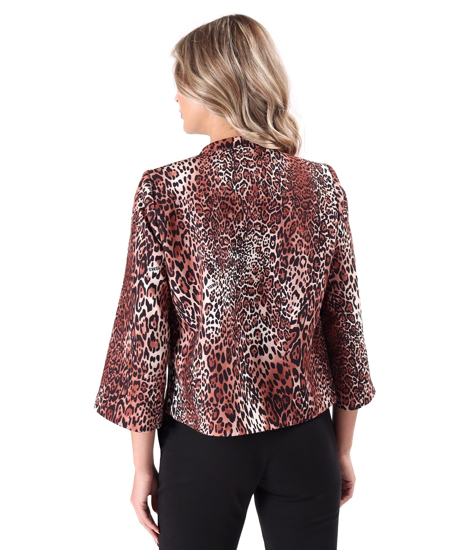 Sacou din stofa tip crep cu animal print maro - YOKKO