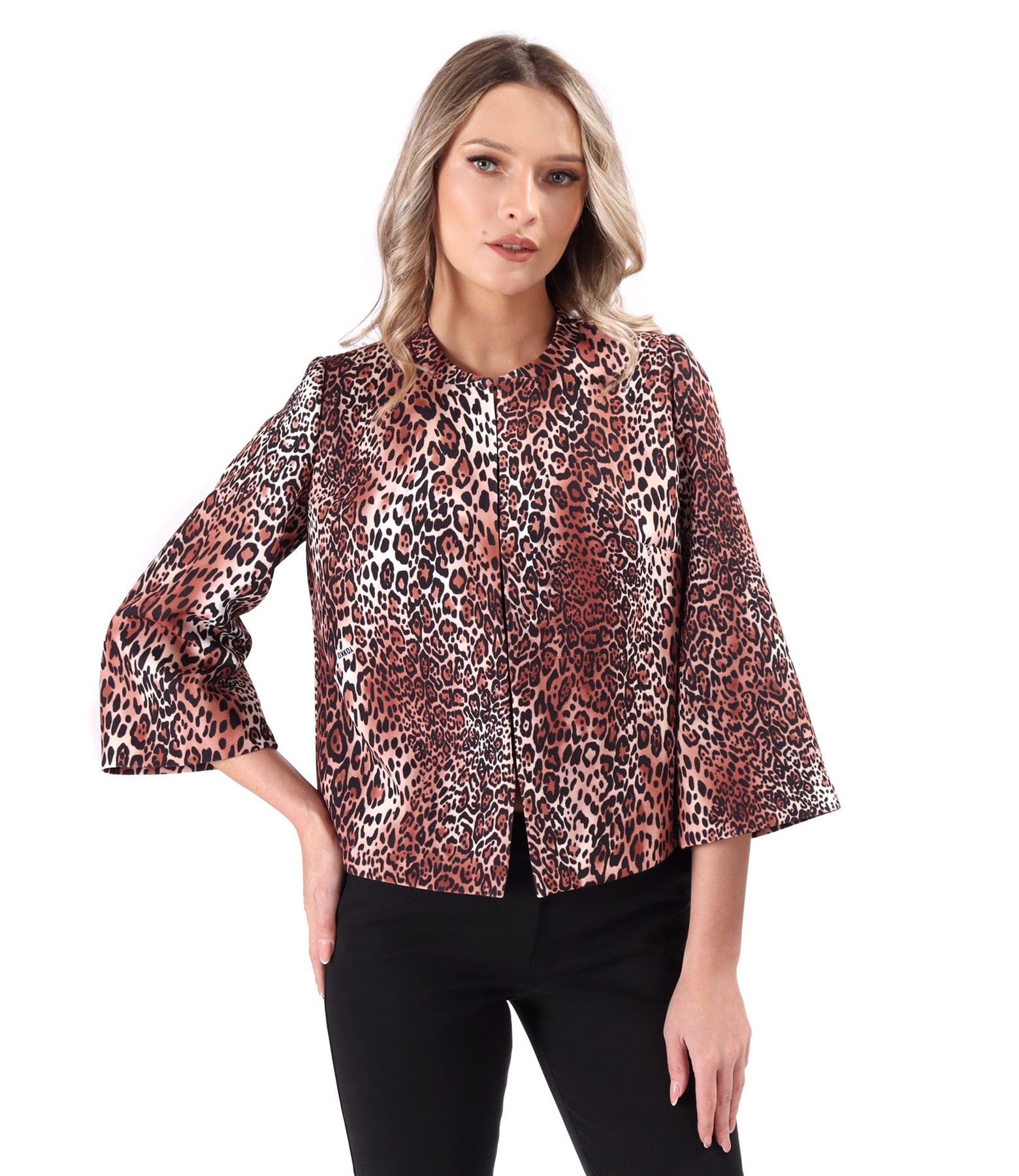 Sacou din stofa tip crep cu animal print maro - YOKKO