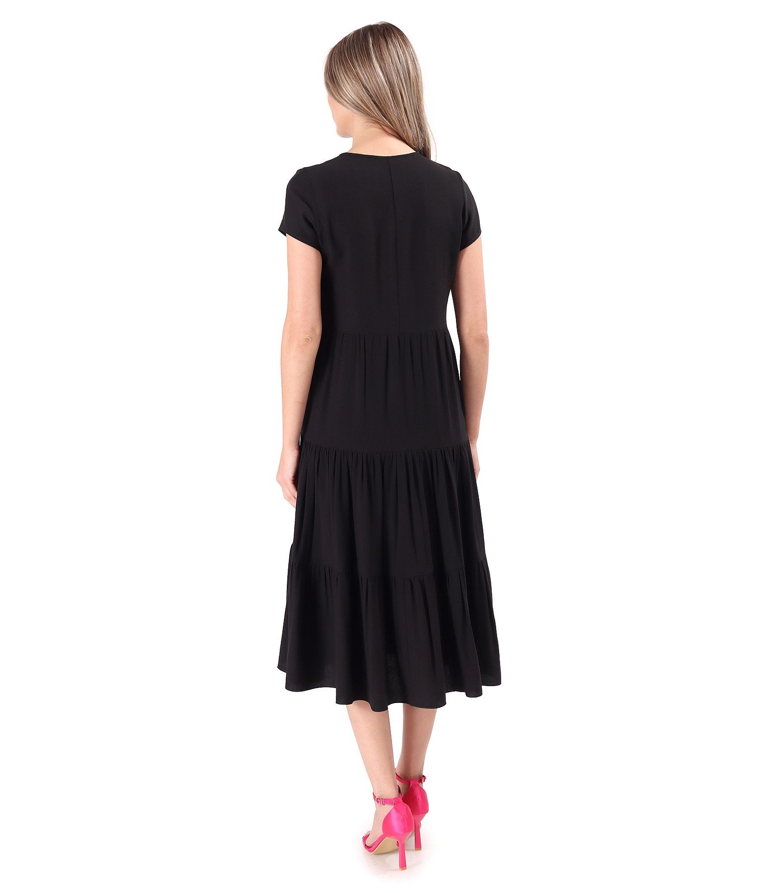 Rochie midi cu volane din viscoza usor creponata negru - YOKKO