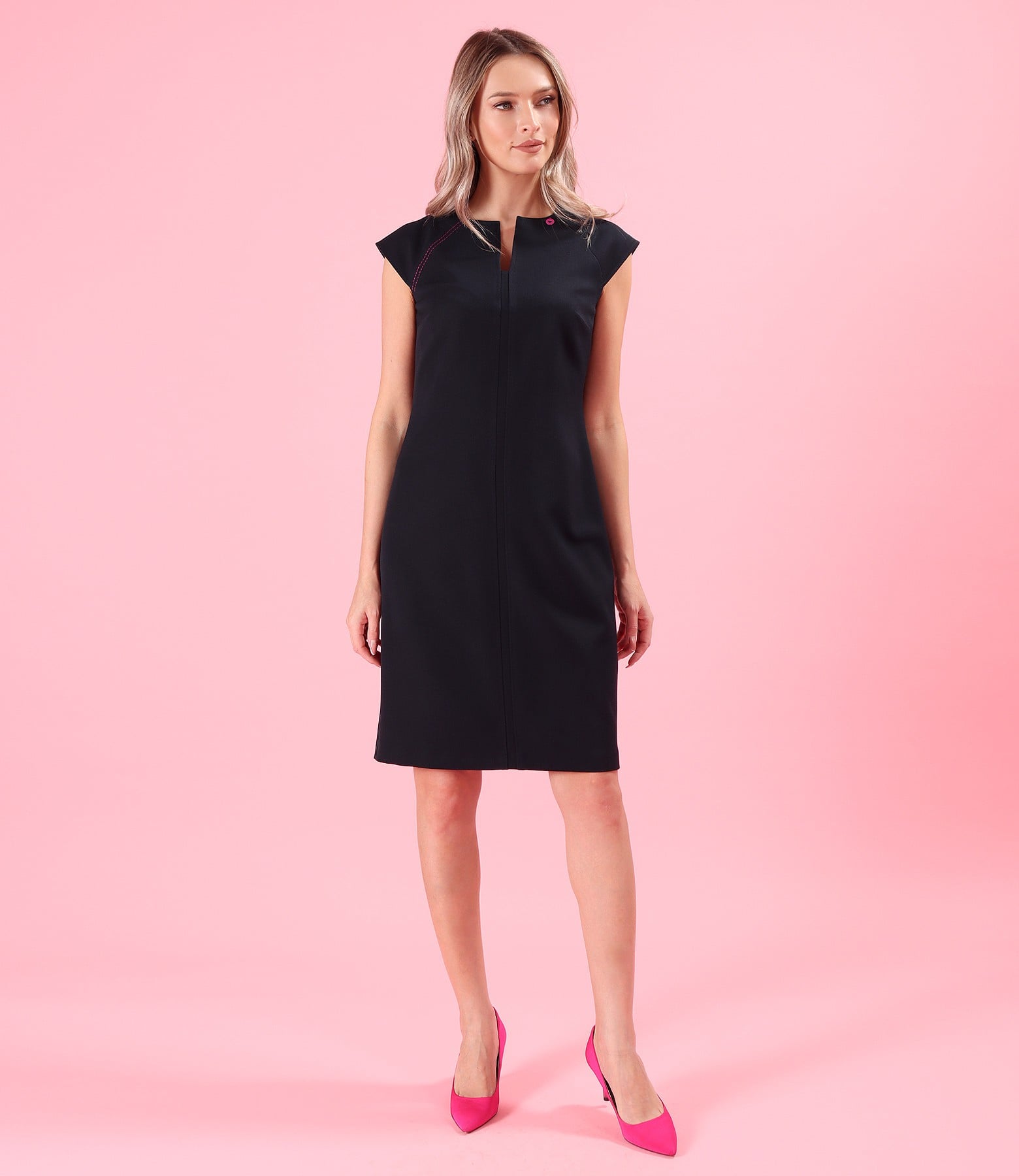Rochie office din stofa elastica cu viscoza bleumarin - YOKKO