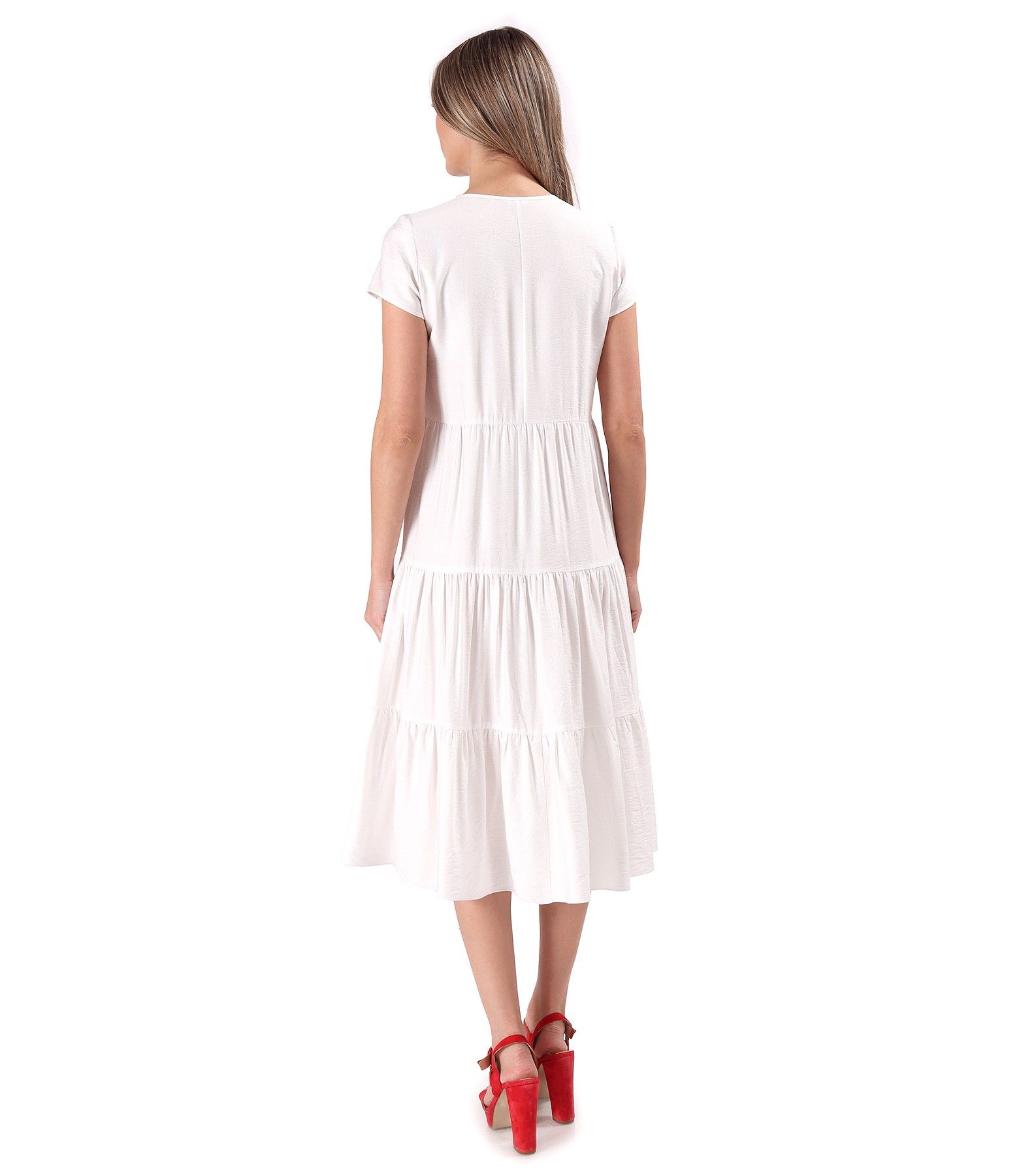 Rochie midi cu volane din viscoza usor creponata alb-ecru - YOKKO