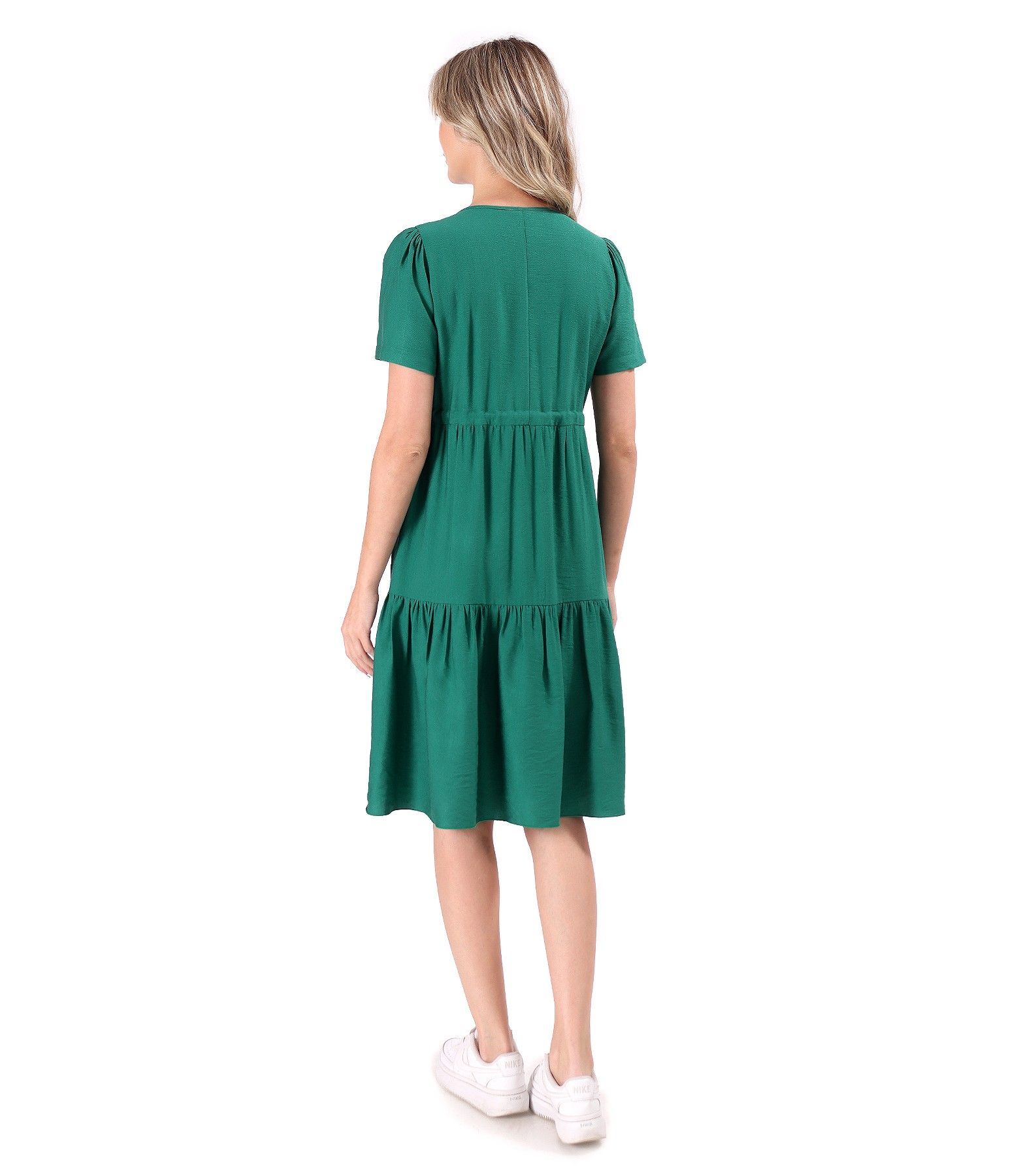 Rochie cu volane din viscoza incretita cu snur in talie verde - YOKKO