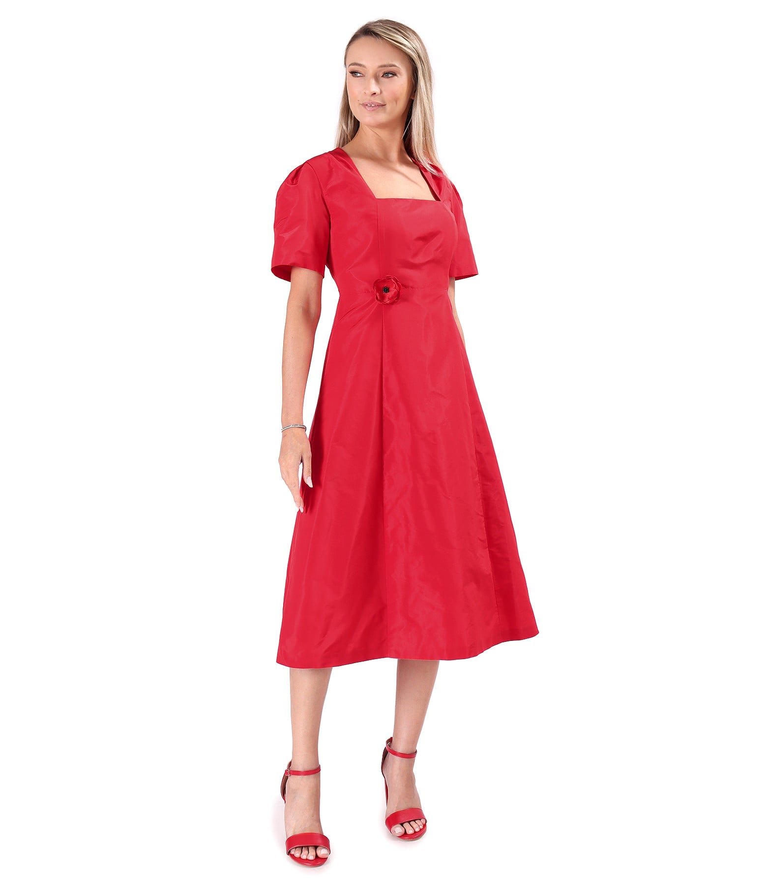 Rochie evazata din tafta cu floare in talie rosu - YOKKO