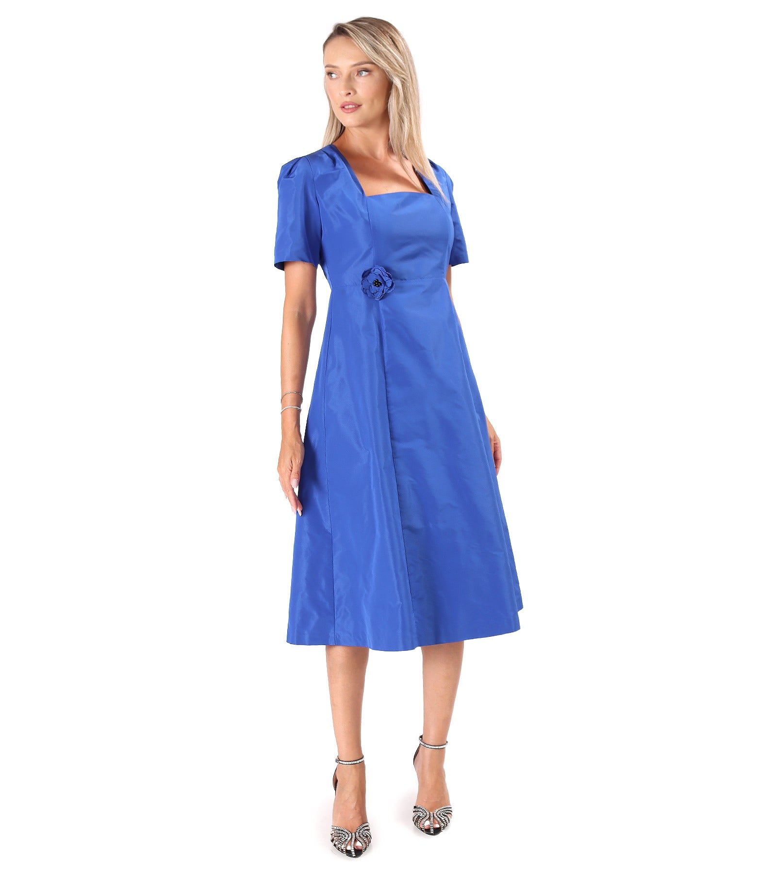 Rochie evazata din tafta cu floare in talie albastru royal - YOKKO