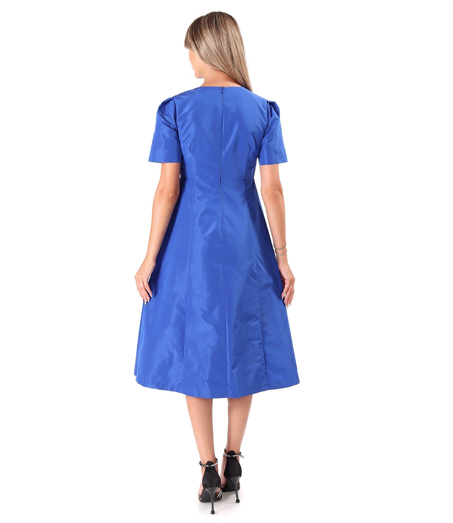 Rochie evazata din tafta cu floare in talie albastru royal - YOKKO
