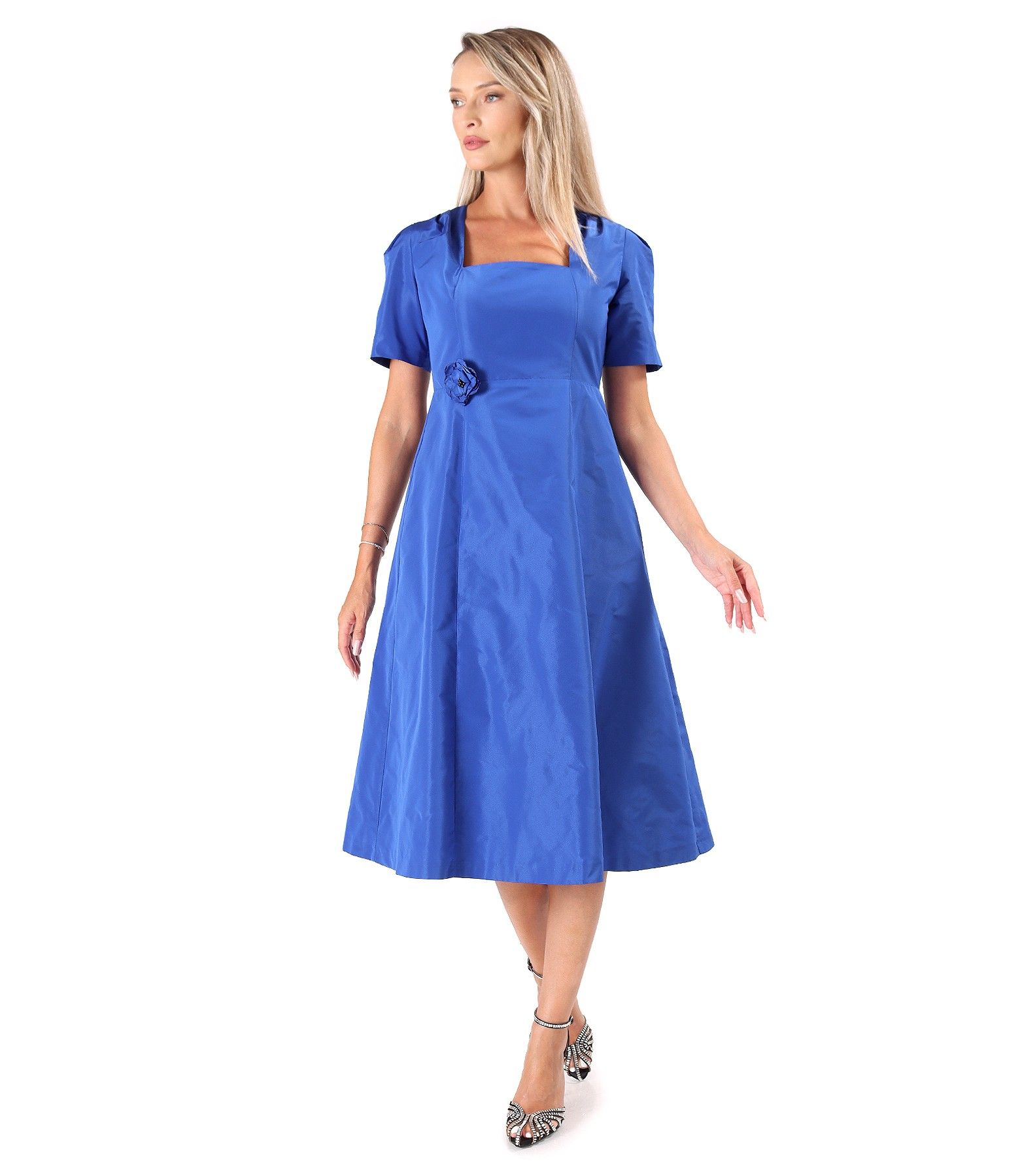Rochie evazata din tafta cu floare in talie albastru royal - YOKKO