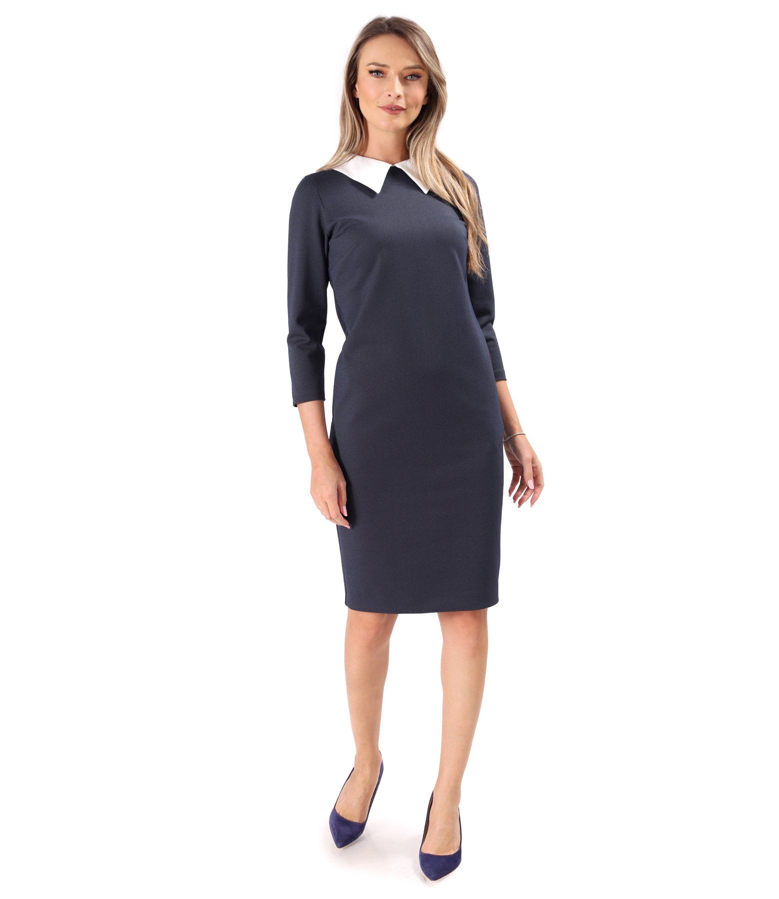 Rochie office din jerse elastic gros cu guler alb bleumarin - YOKKO