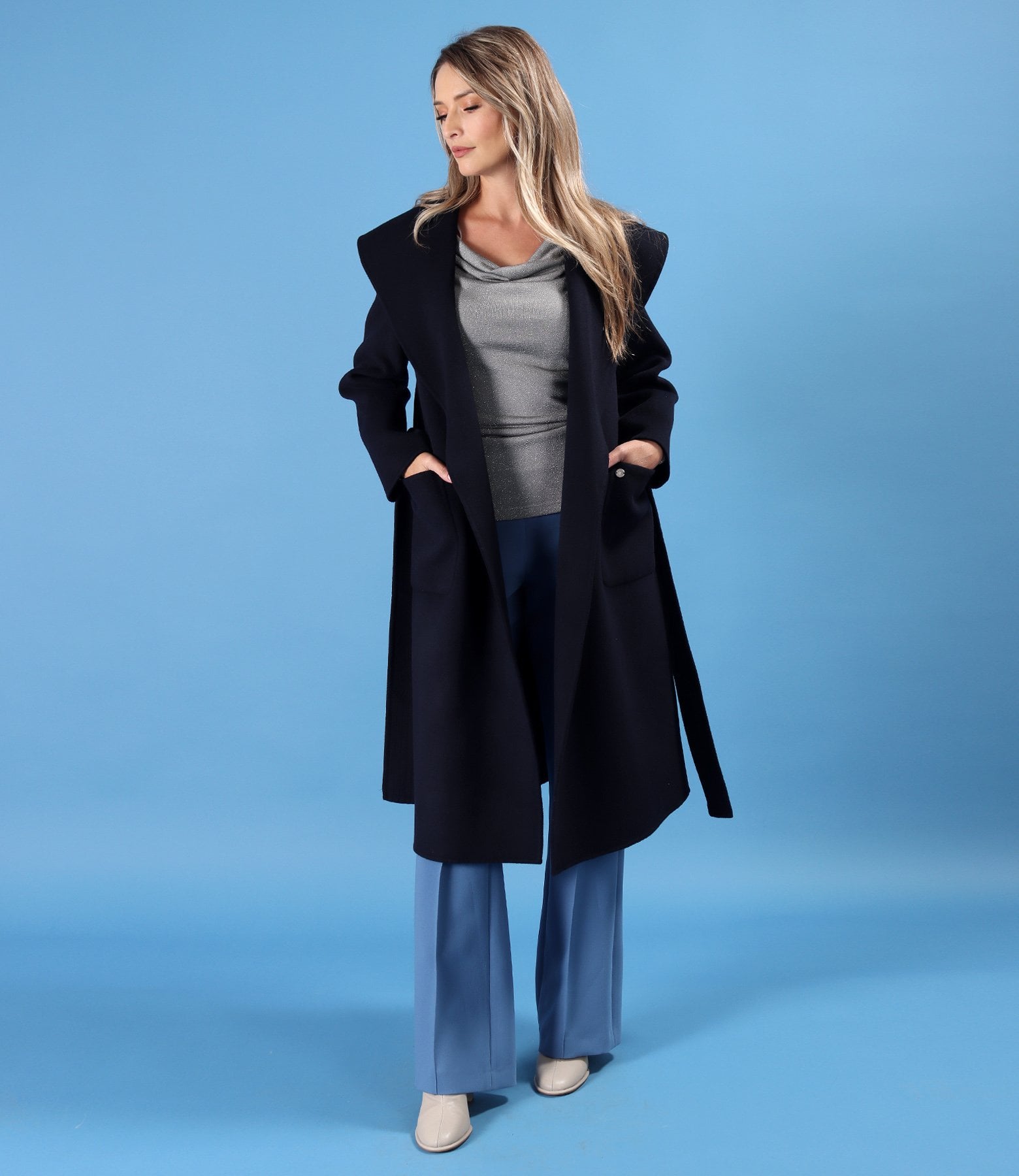 Pardesiu elegant din stofa cu lana si casmir bleumarin - YOKKO