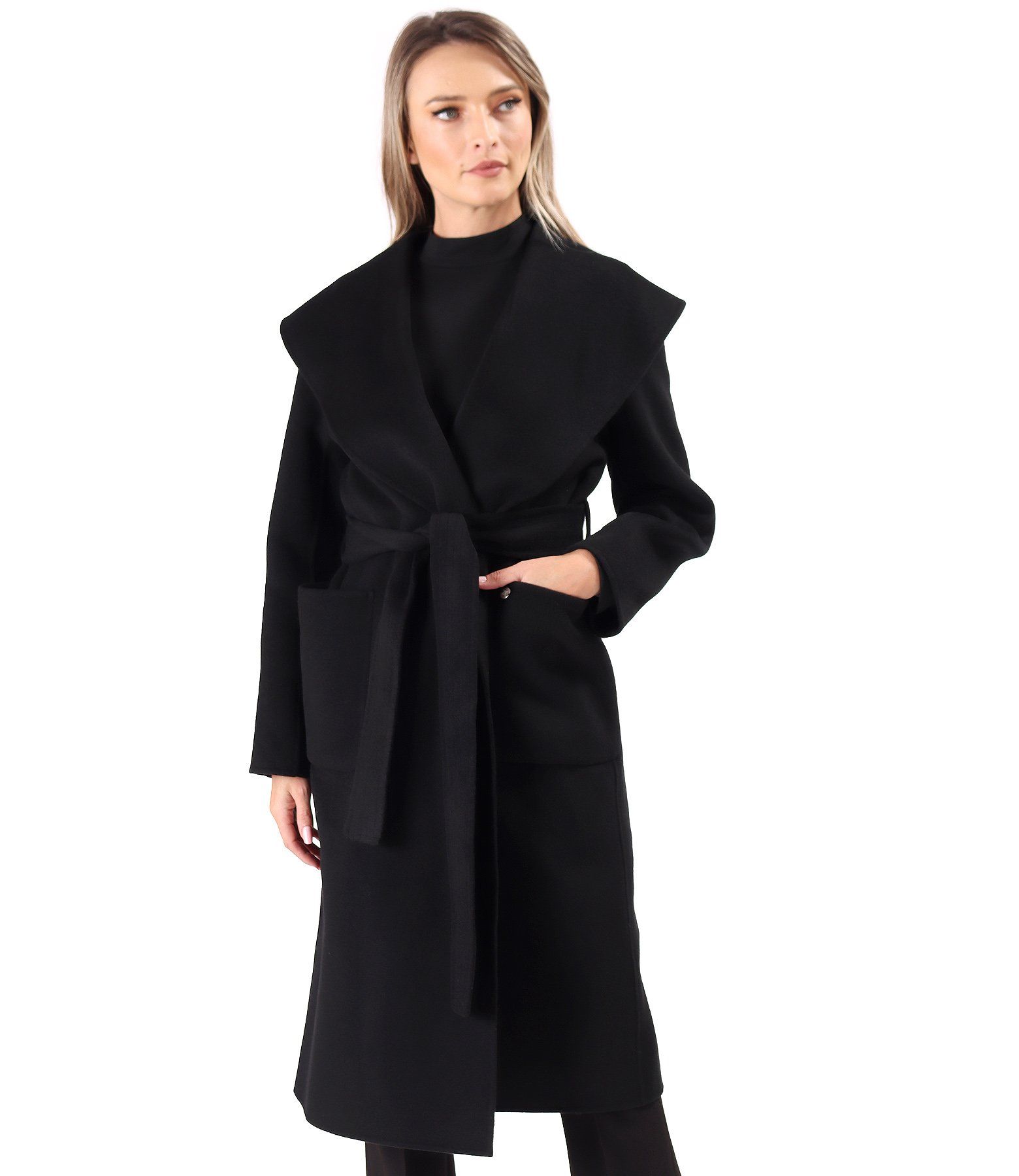 Pardesiu elegant din stofa cu lana si casmir negru - YOKKO