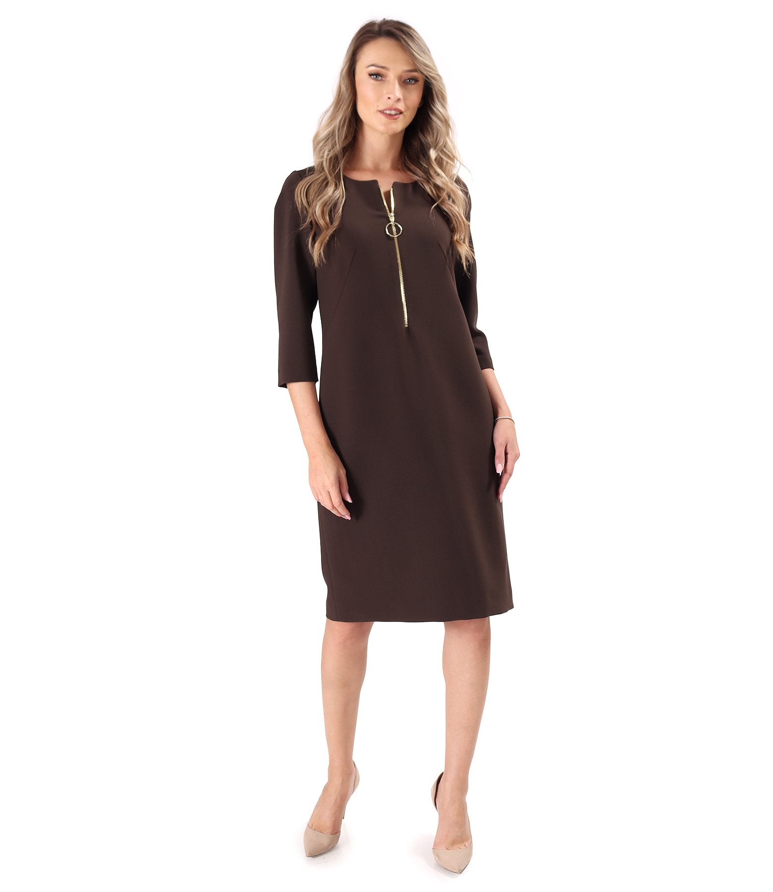 Rochie eleganta din stofa elastica cu fermoar auriu maro - YOKKO